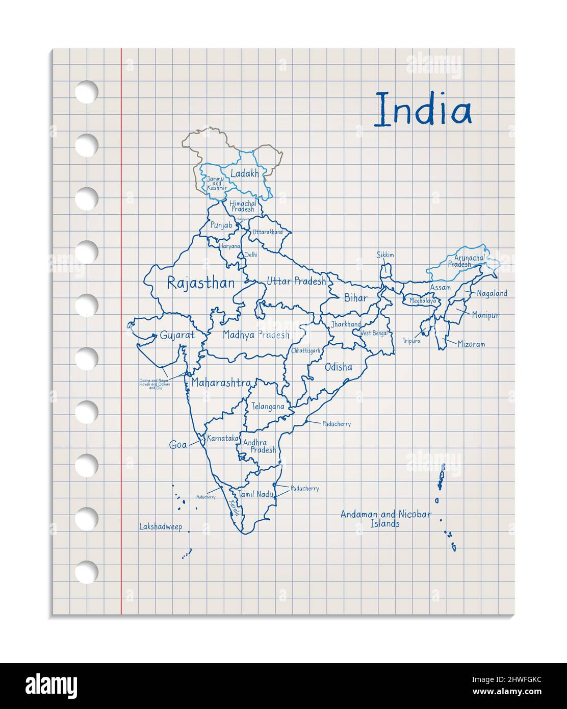 India map on a realistic squared sheet of paper torn from a block ...
