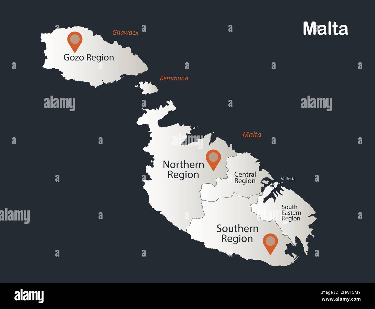 Malta regions map, Infographics flat design colors snow white, with ...