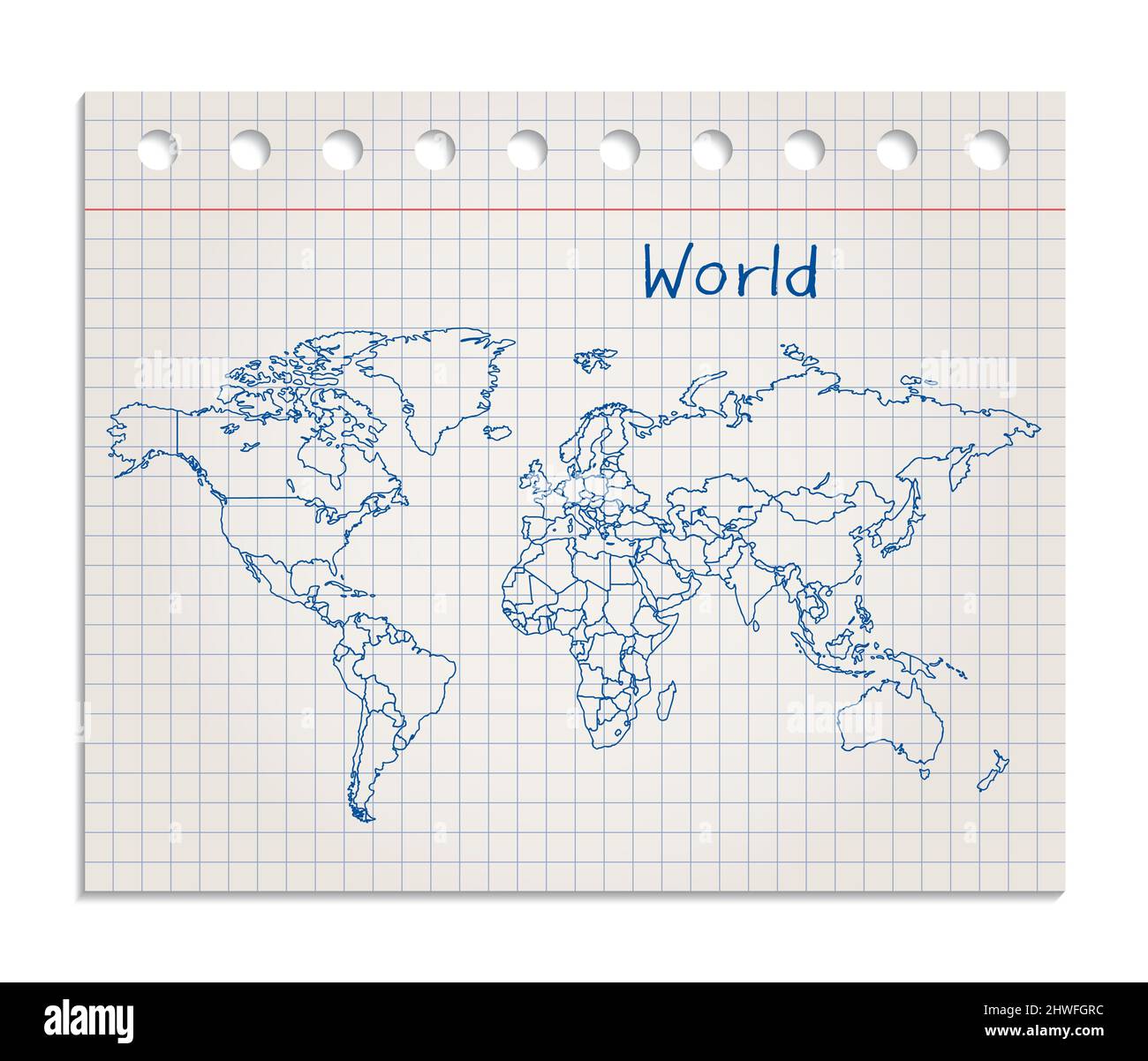 World map on a realistic squared sheet of paper torn from a block ...
