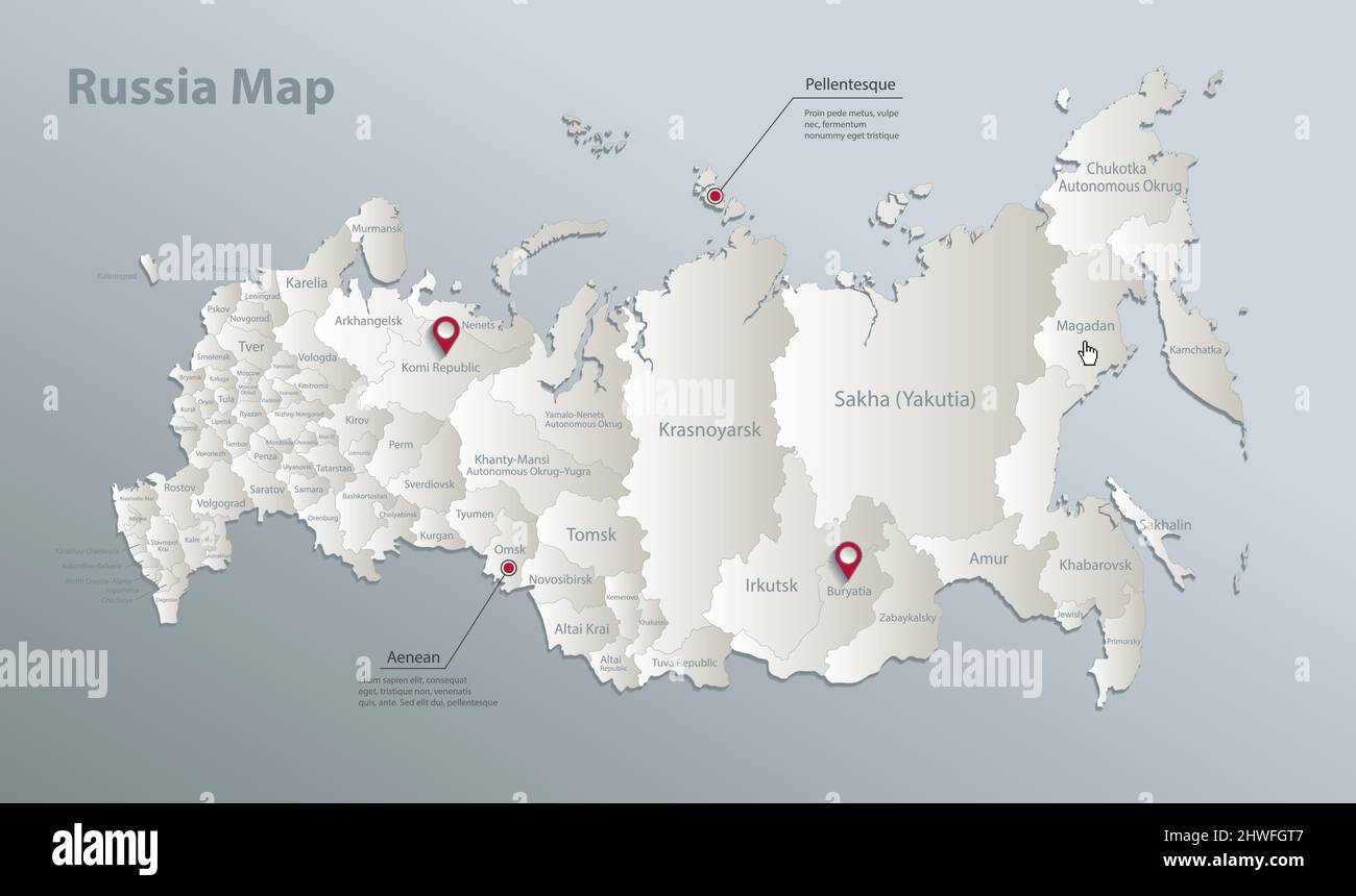 Russia map, regions with names, blue white card paper 3D vector Stock ...