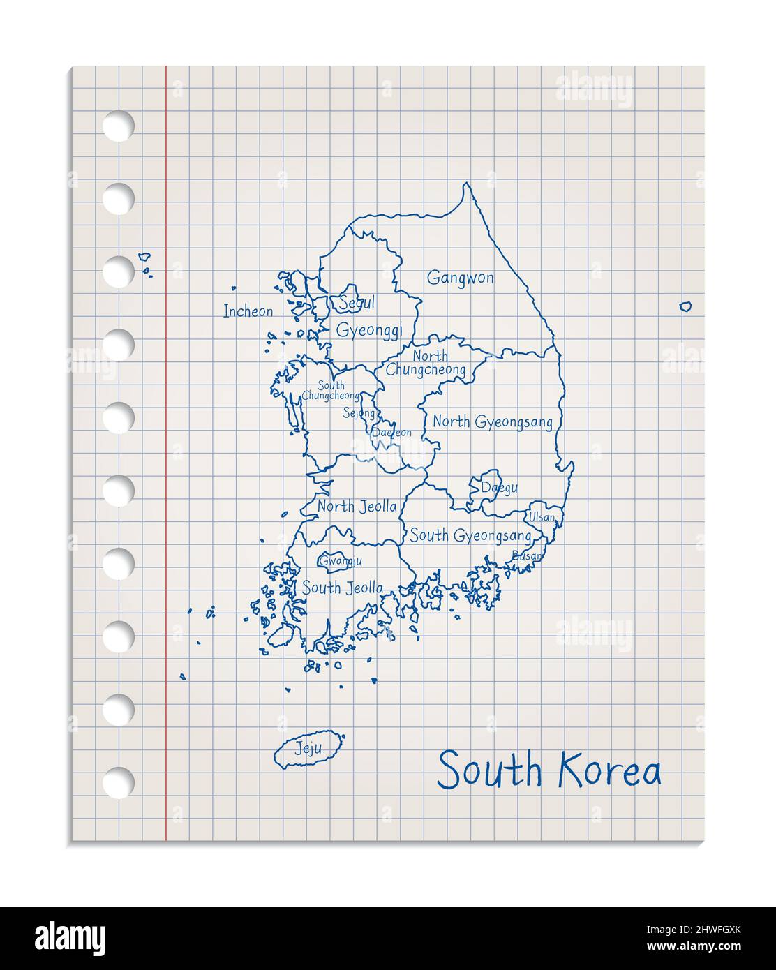 South Korea map on a realistic squared sheet of paper torn from a block ...
