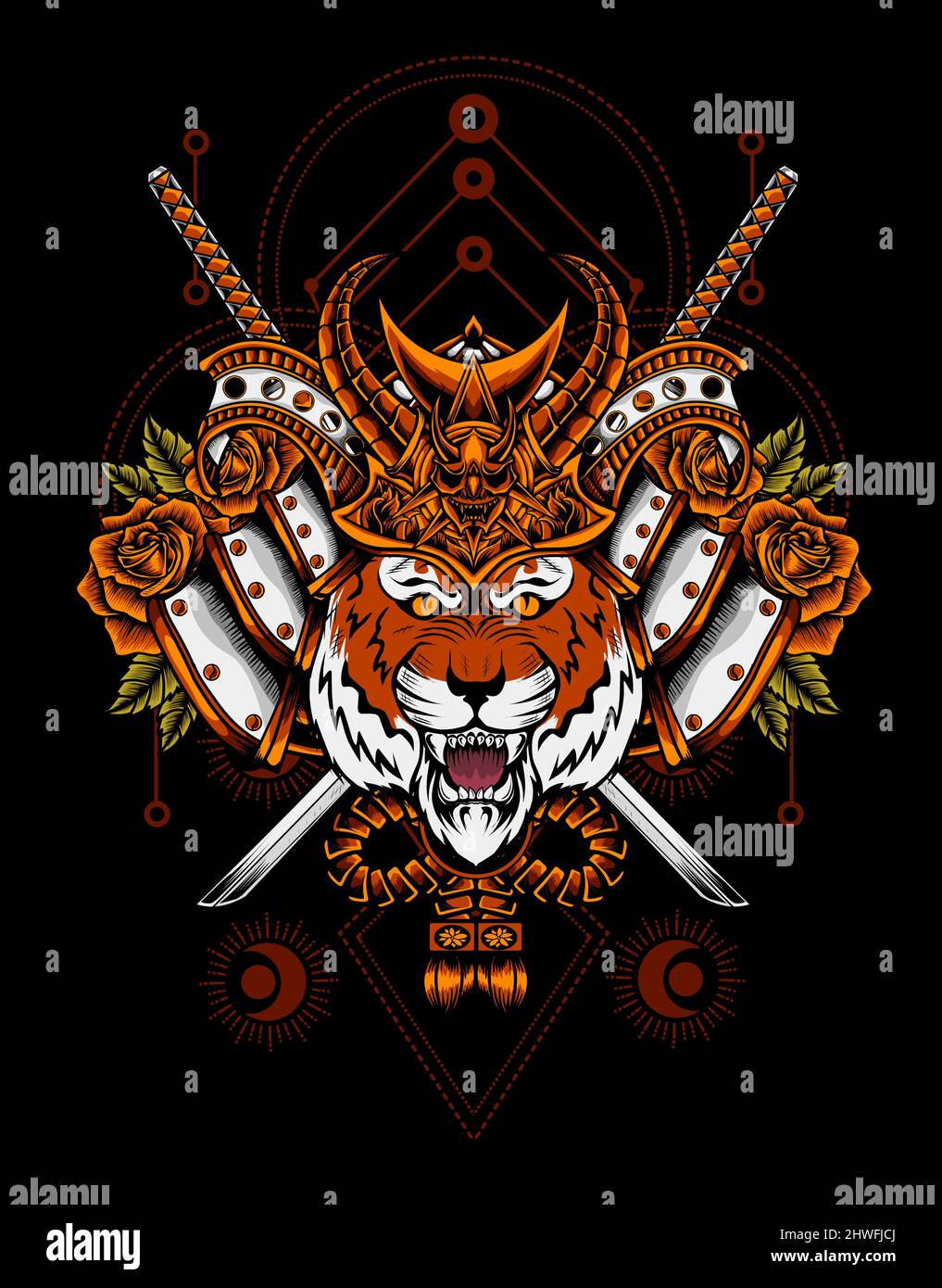 illustration vector tiger samurai head with rose flower Stock Vector ...