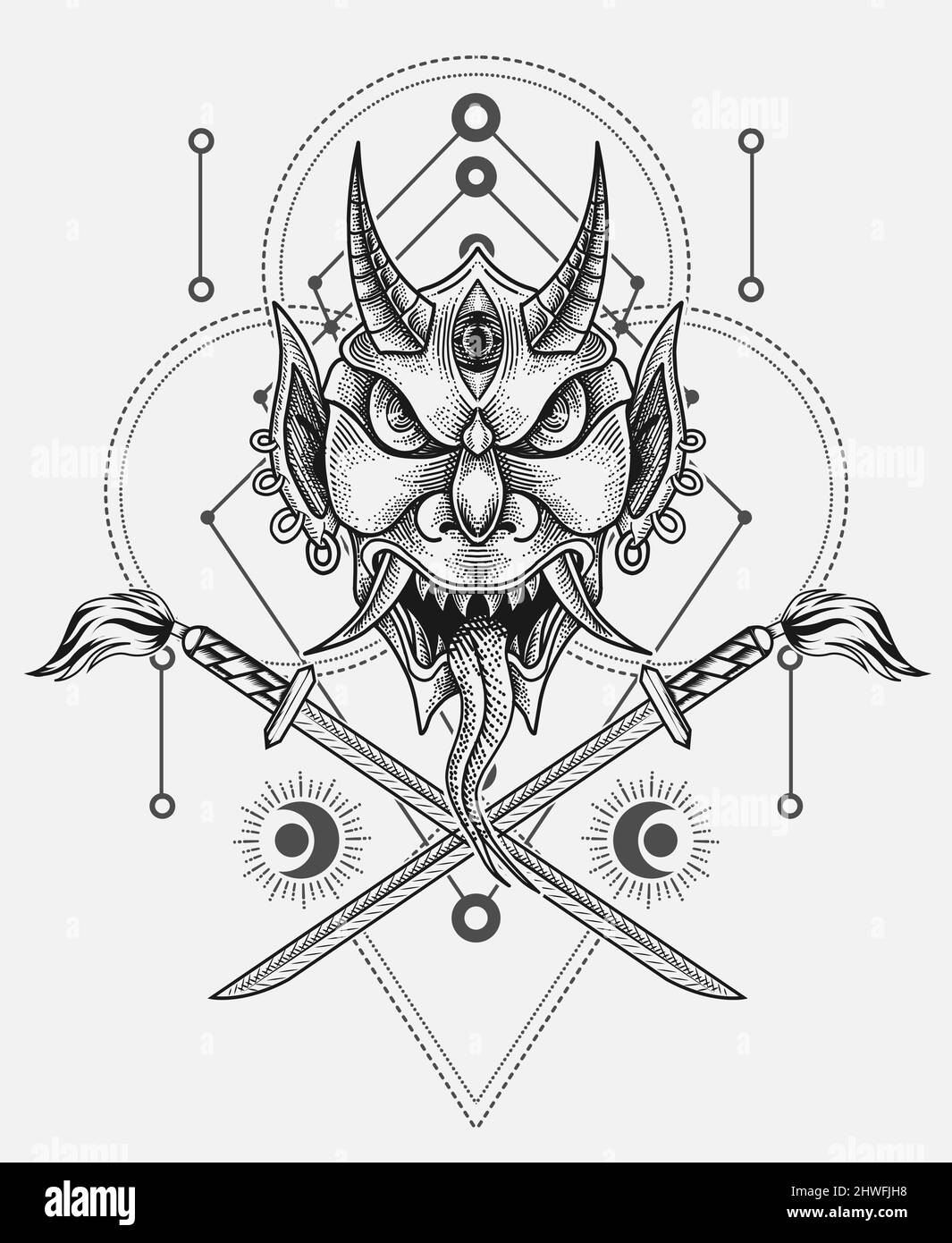 illustration vector oni mask with two katana sword Stock Vector Image ...