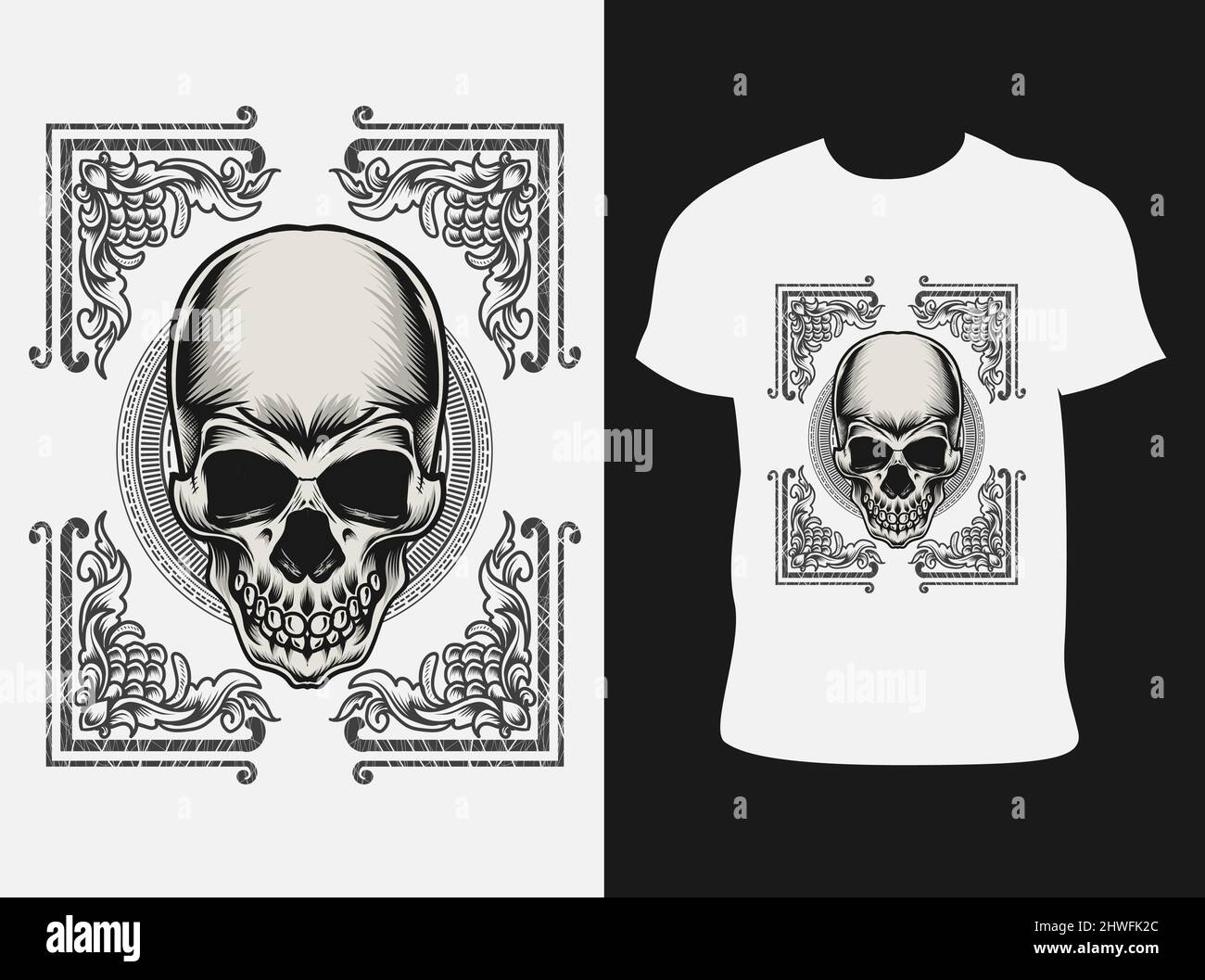 illustration vector skull head with vintage engraving ornament Stock ...