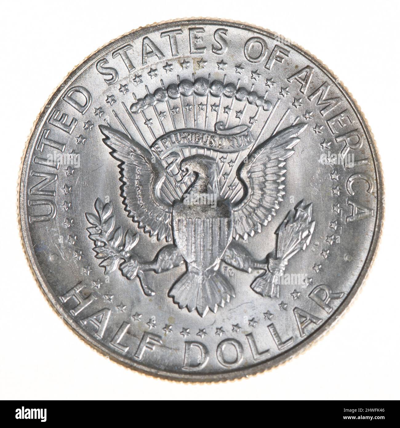 Close-up of the reverse of a silver 1967 Kennedy Half Dollar Stock ...