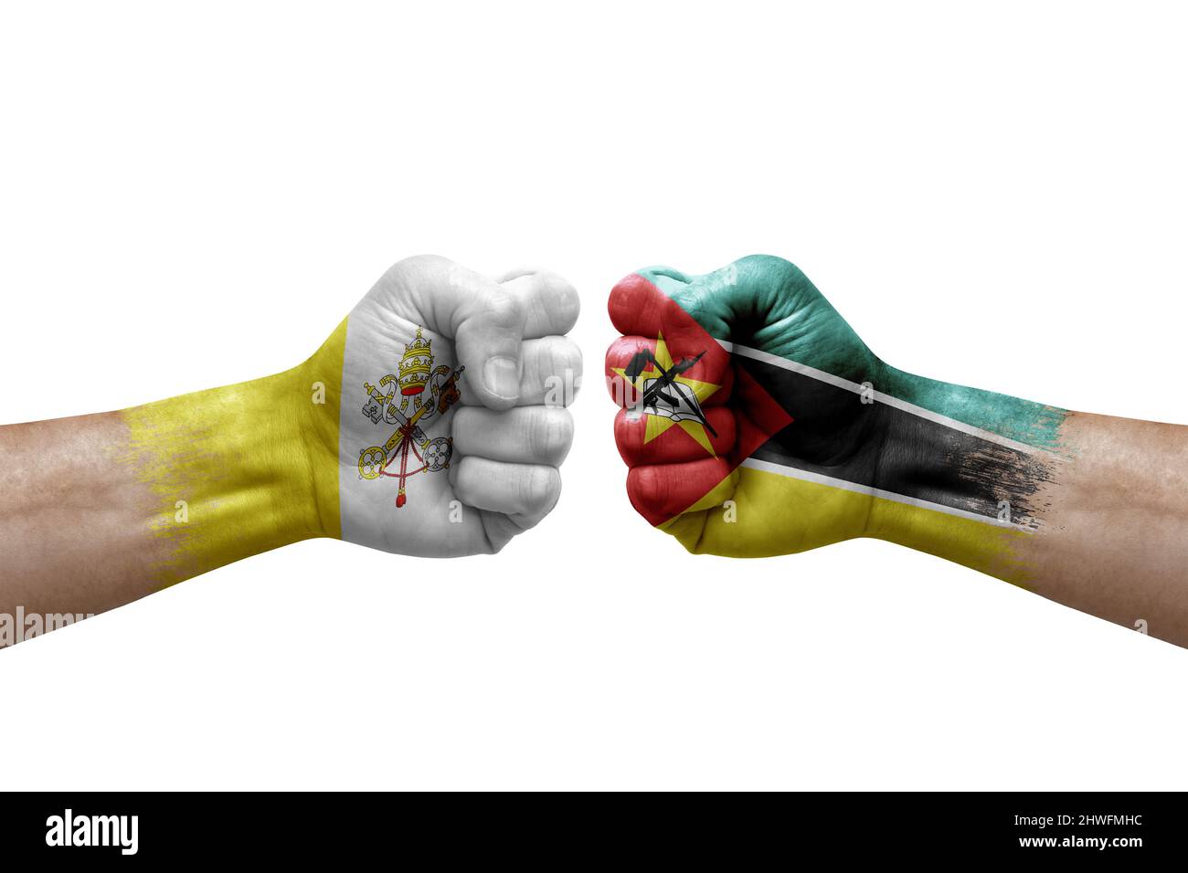 Two hands punch to each others on white background. Country flags ...