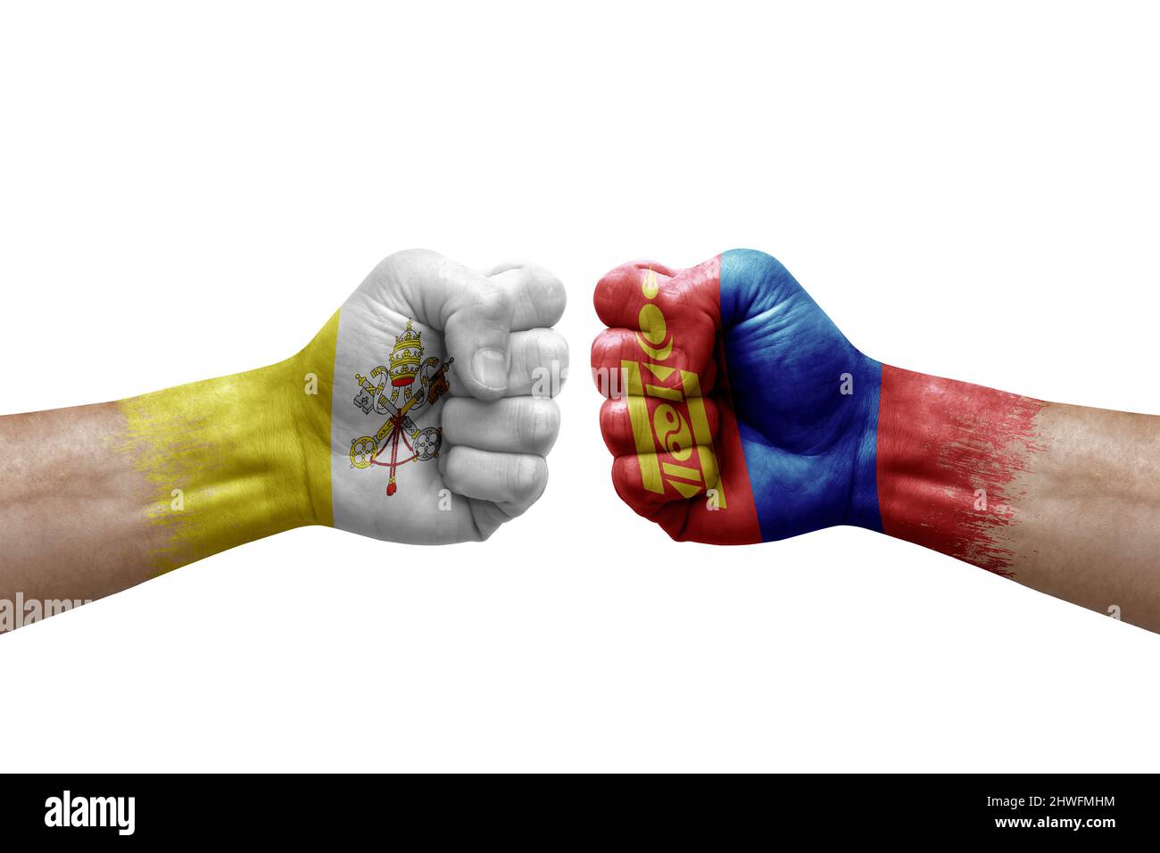 Two hands punch to each others on white background. Country flags ...