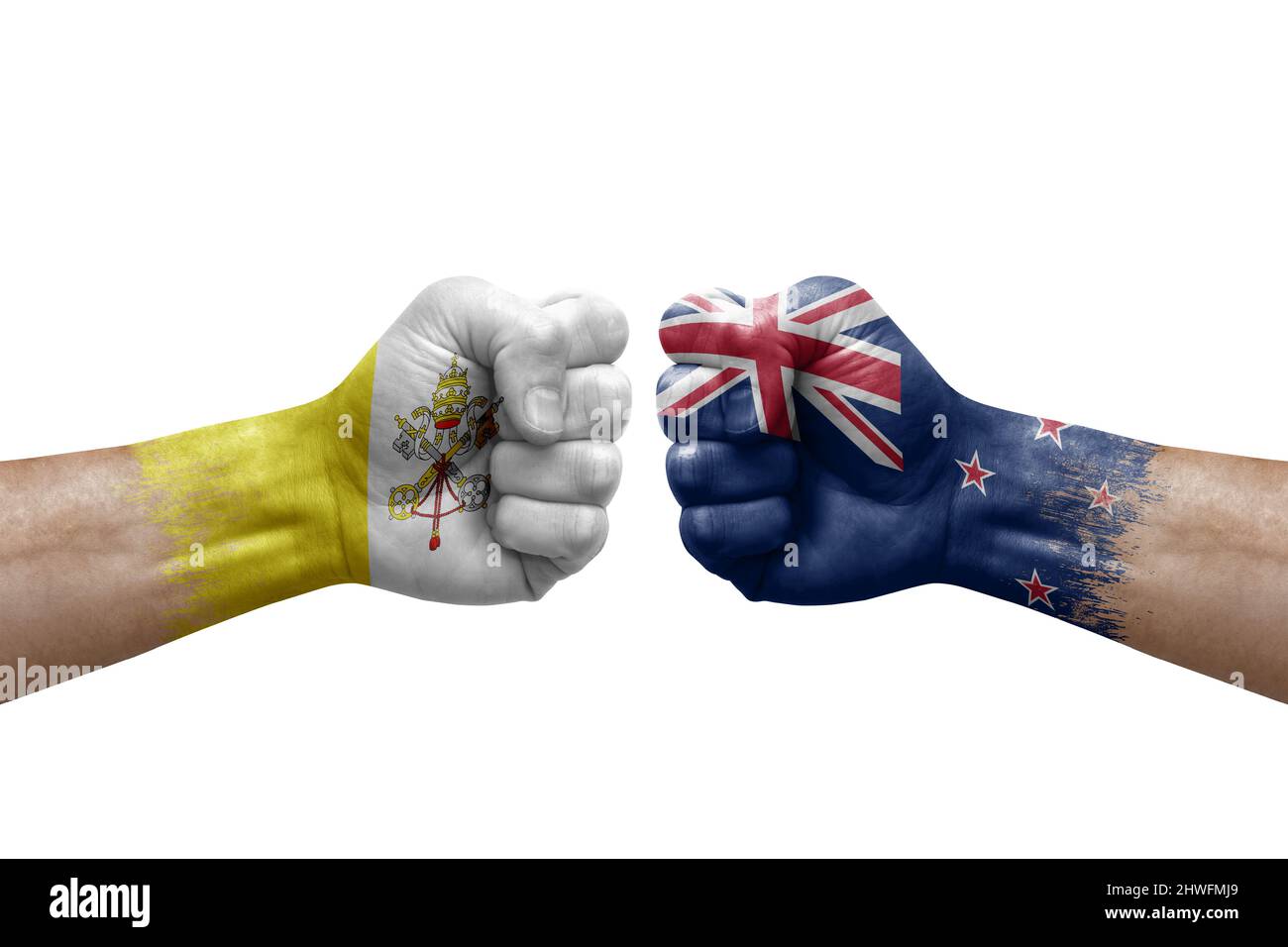 Two hands punch to each others on white background. Country flags ...