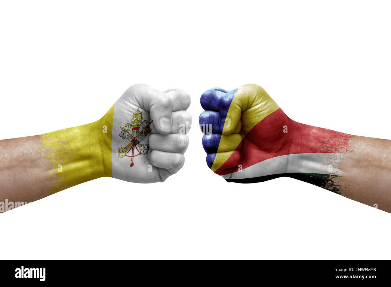 Two hands punch to each others on white background. Country flags ...