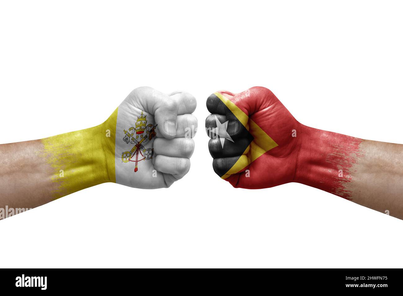 Two hands punch to each others on white background. Country flags ...