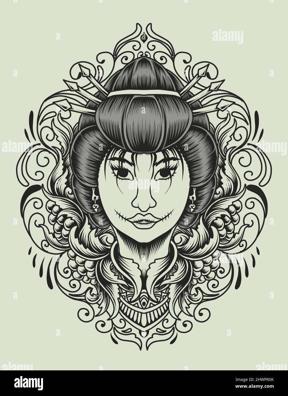 illustration baddass geisha woman with engraving ornament Stock Vector ...