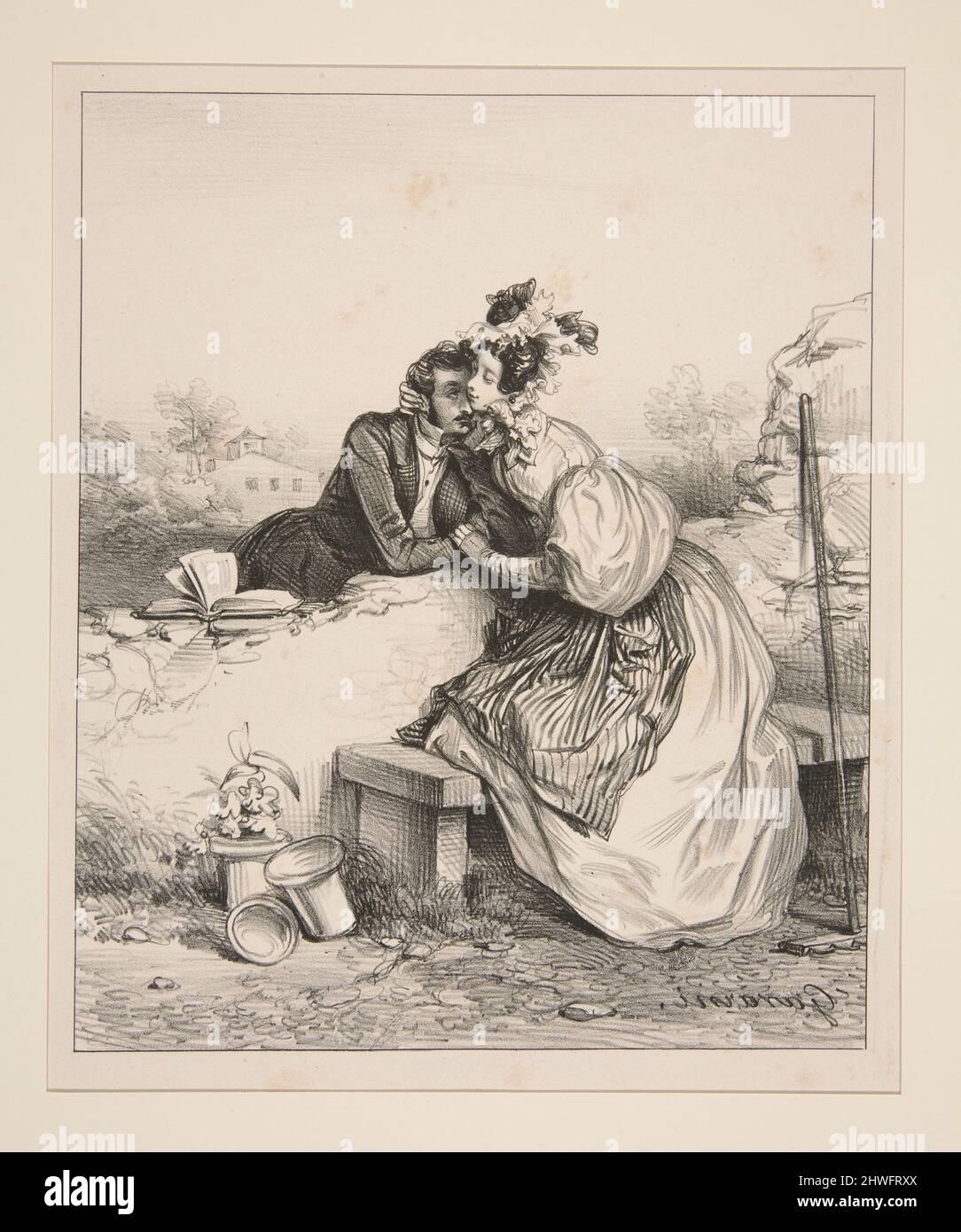 (LE MUR MITOYEN.). Artist: Paul Gavarni, French, 1804–1866 Stock Photo ...