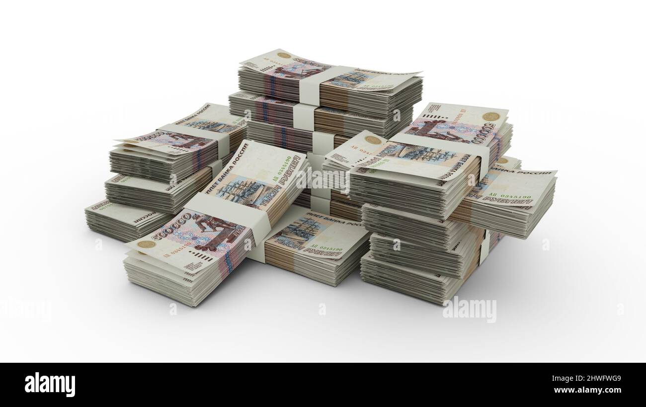 Stack of Russian ruble notes. 3D rendering of bundles of banknotes ...