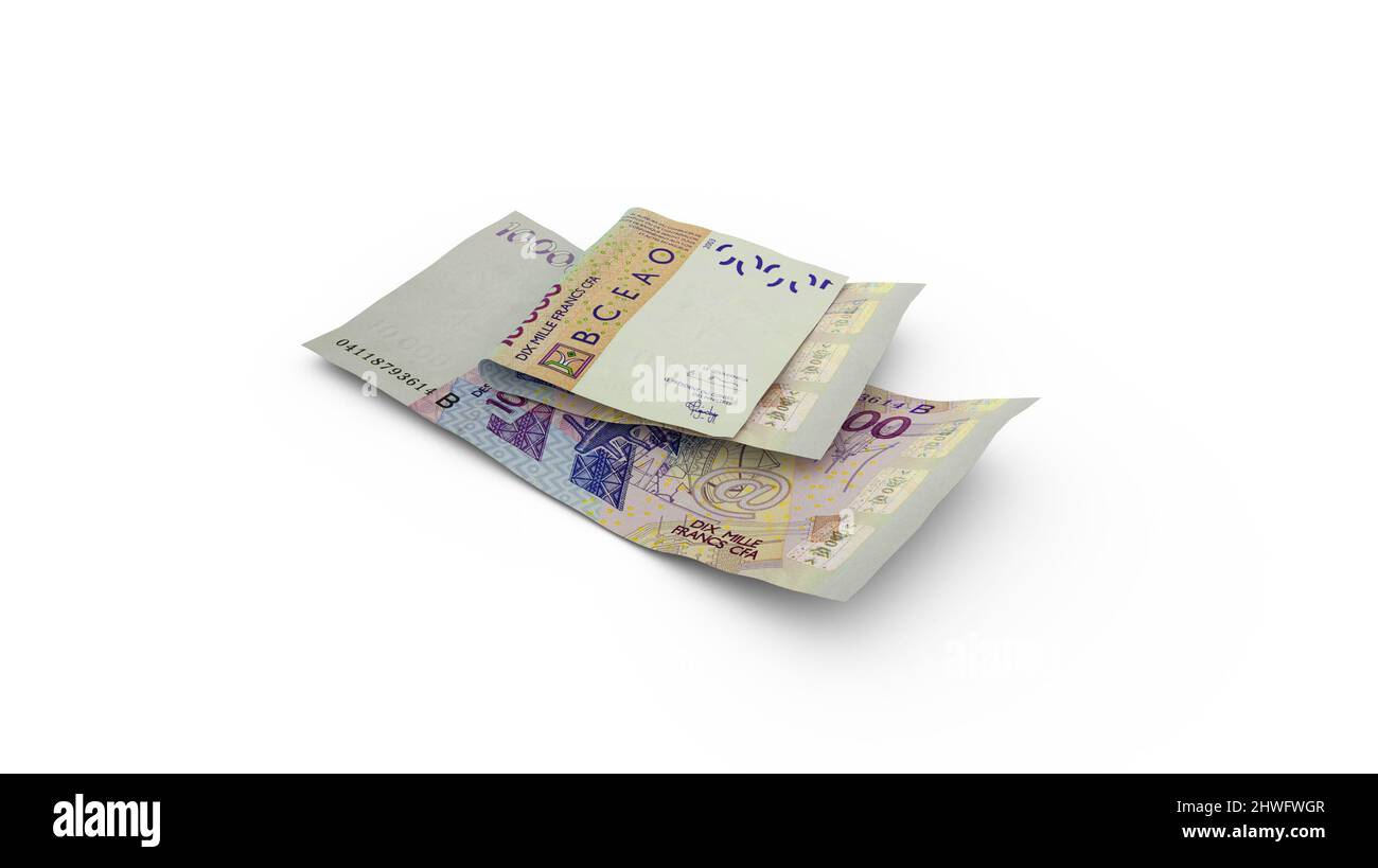 3D rendering of Double 10000 CFA Franc notes with shadows on white ...