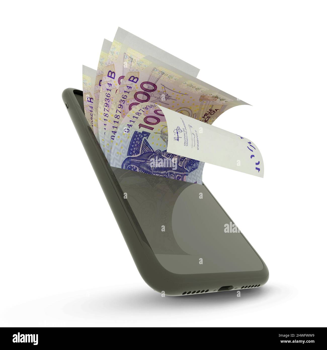 10000 West African CFA franc notes inside a mobile phone isolated on ...