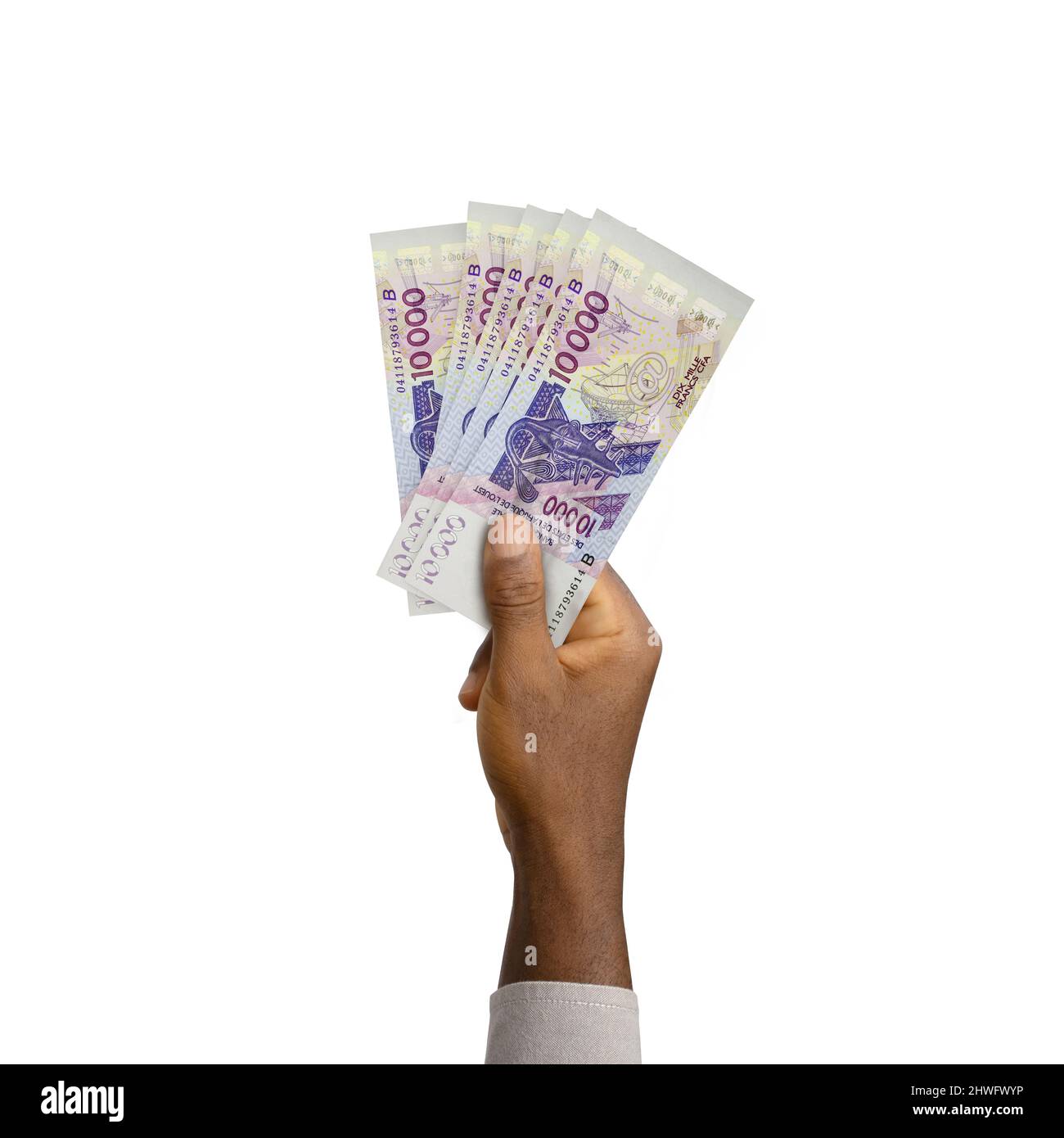 Black Hand holding 3D rendered 10000 West African CFA notes isolated on ...