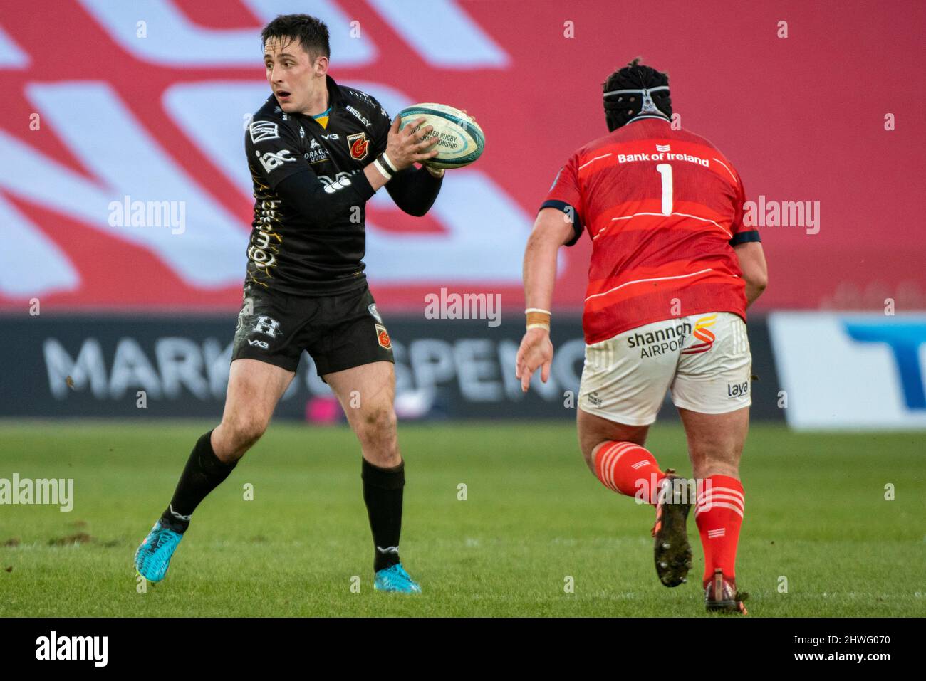 Sam Davies of Dragons with the ball during the United Rugby ...