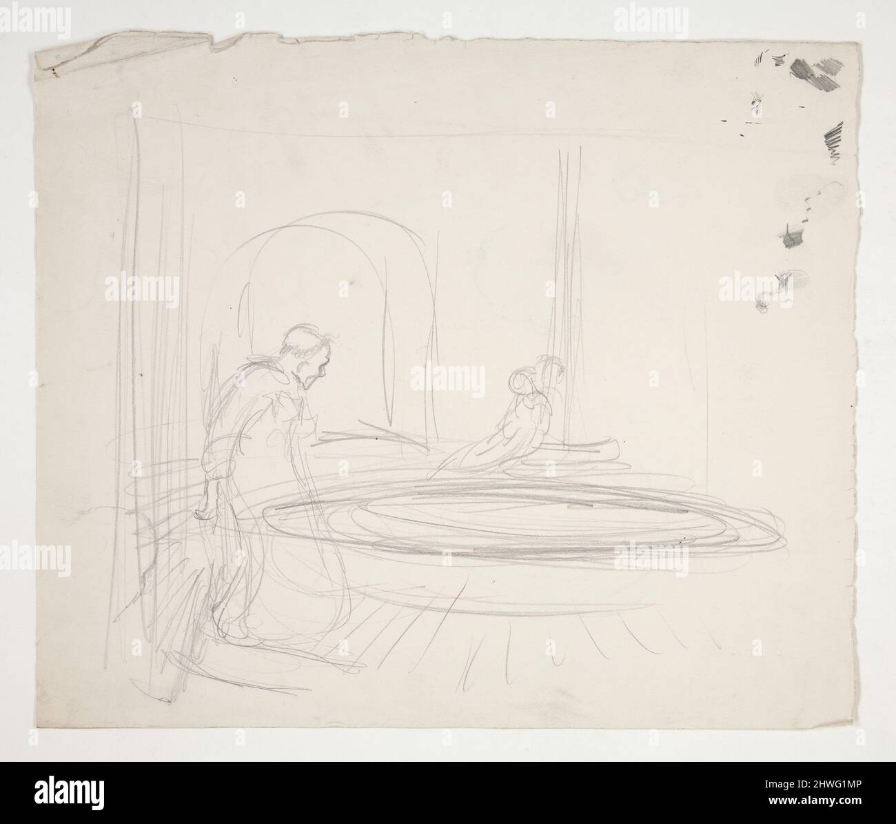 Unidentified illustration- Interior with figures, bloth sides of page ...