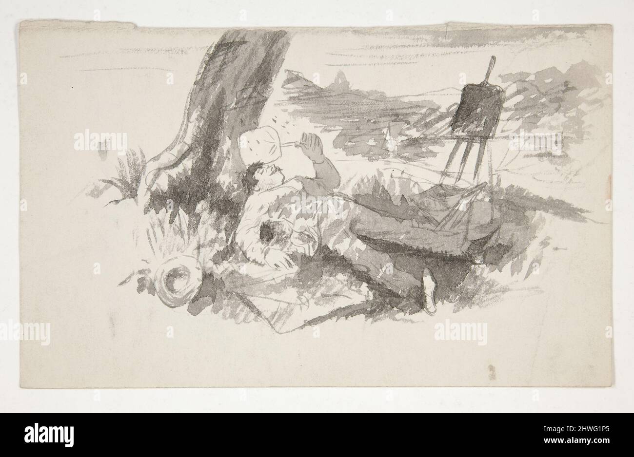 Sketch of a plein-air painter taking a nap under a tree - unidentified ...