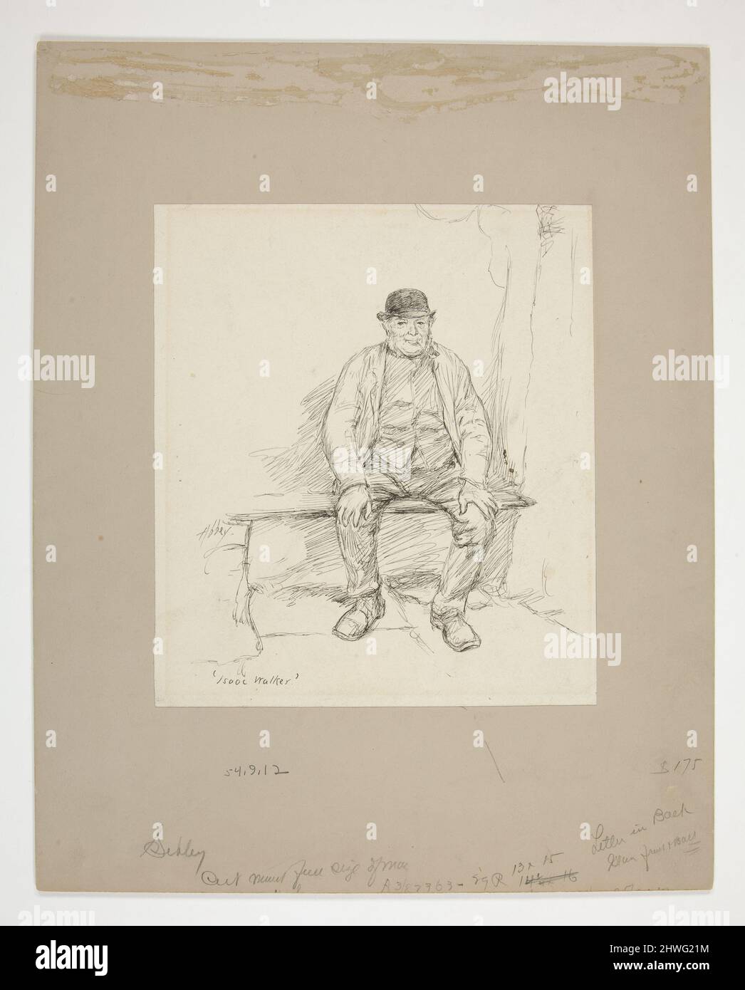 “Isaac Walker” [Man smoking a pipe, sitting on bench]. Artist: Edwin ...