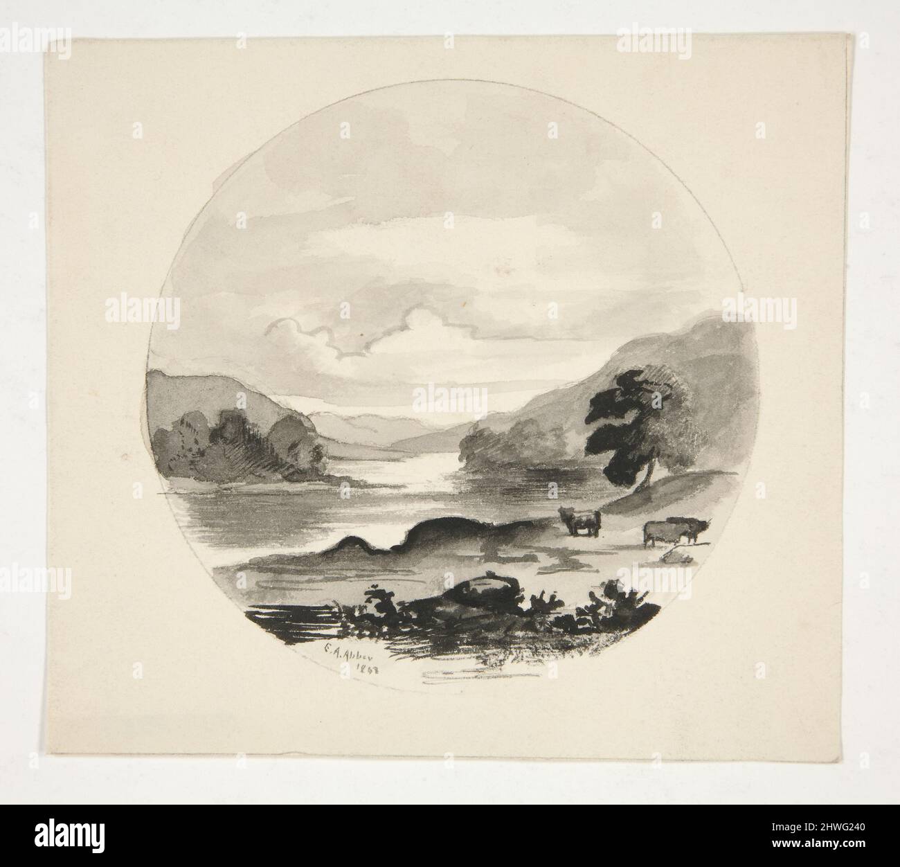 Landscape with river - rondel format. Artist: Edwin Austin Abbey ...