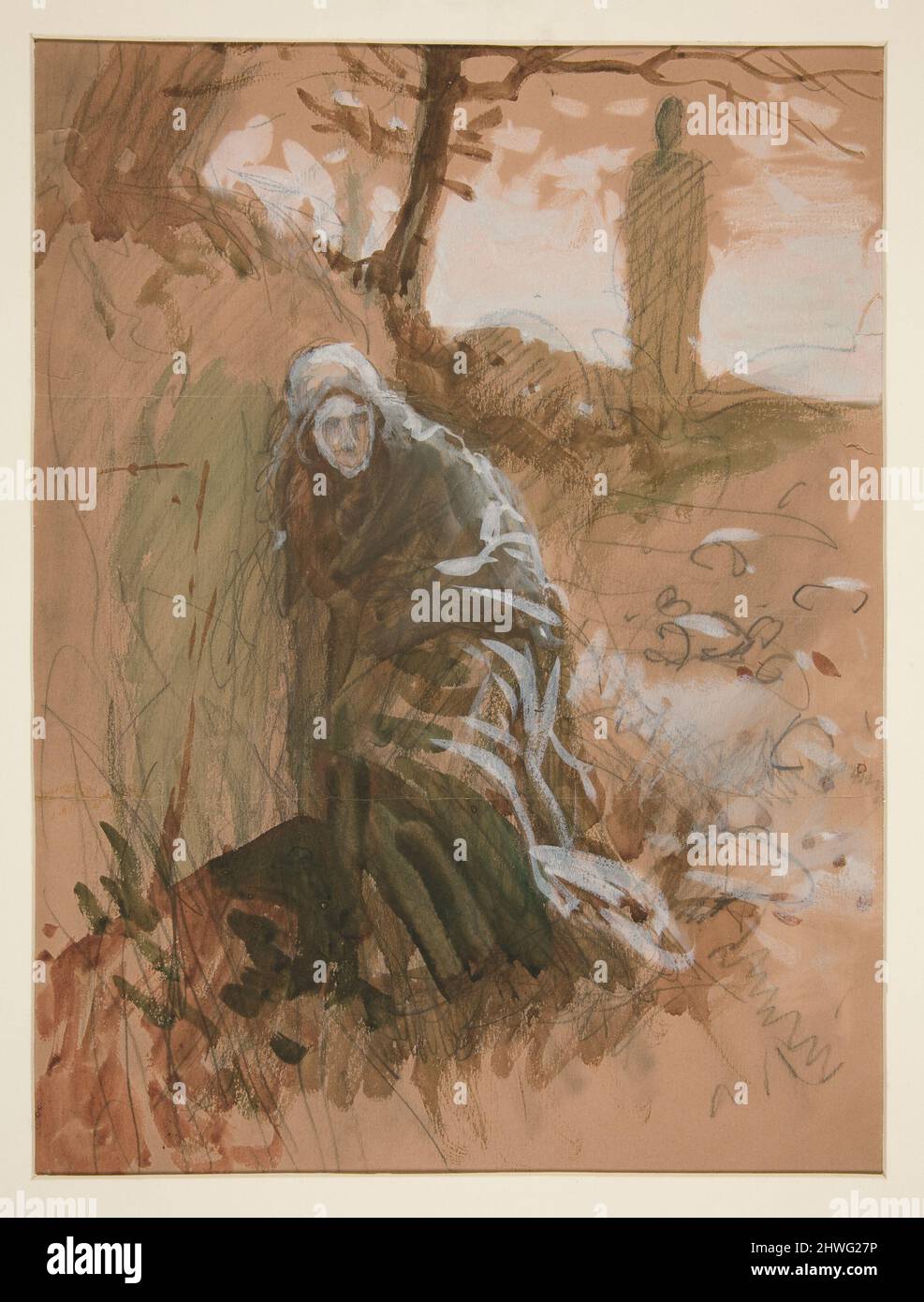 Figure in woods - unidentified illustration. Artist: Edwin Austin Abbey ...