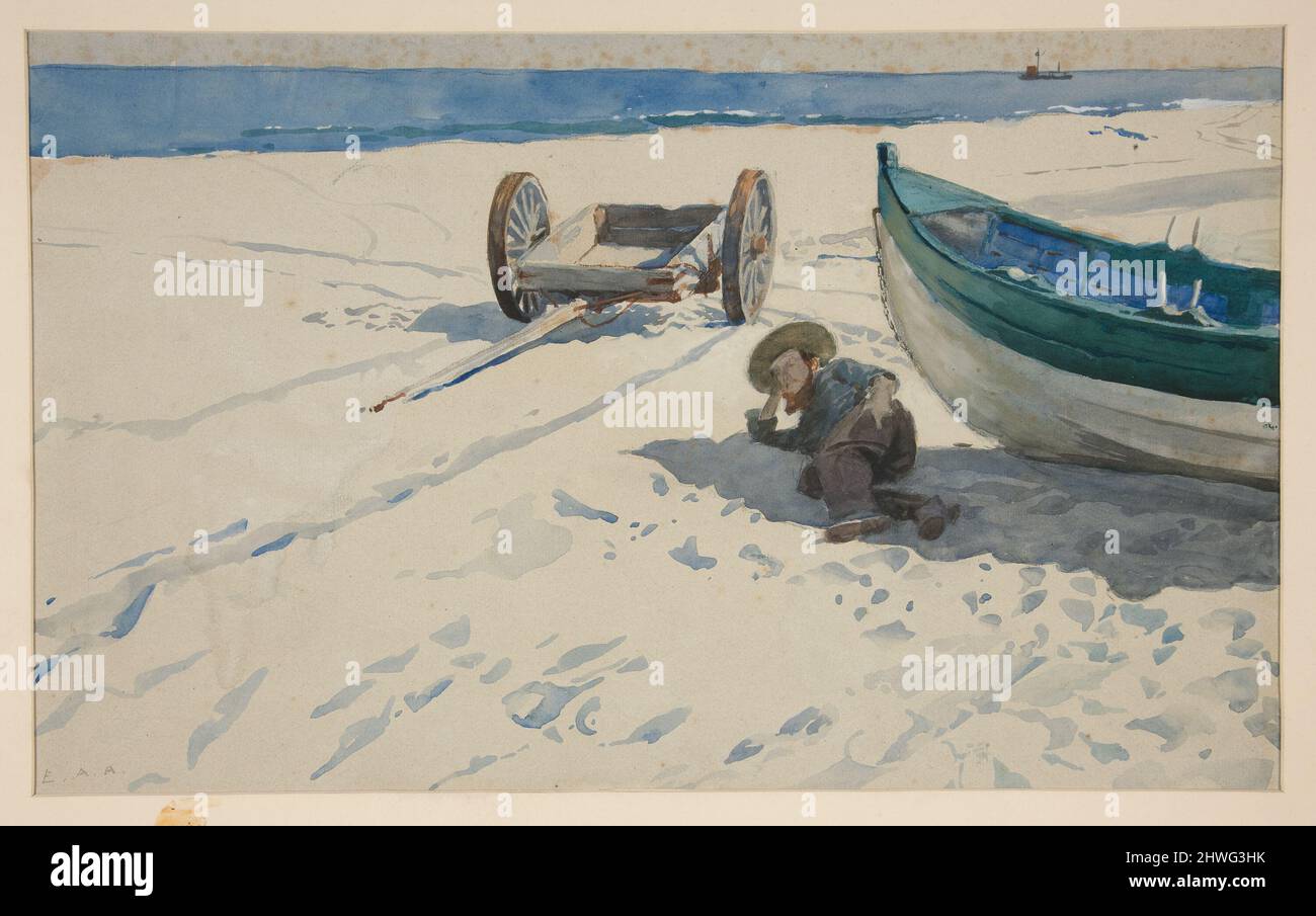 Beach scene with Man Resting in Shadow of Boat. Artist: Edwin Austin ...