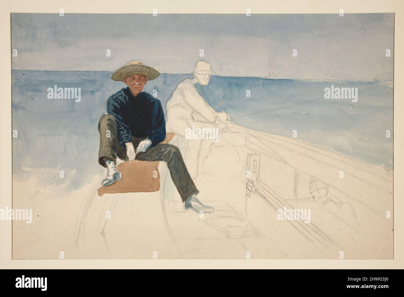 Unfinished drawing of two men sailing - (unidentified illustration ...
