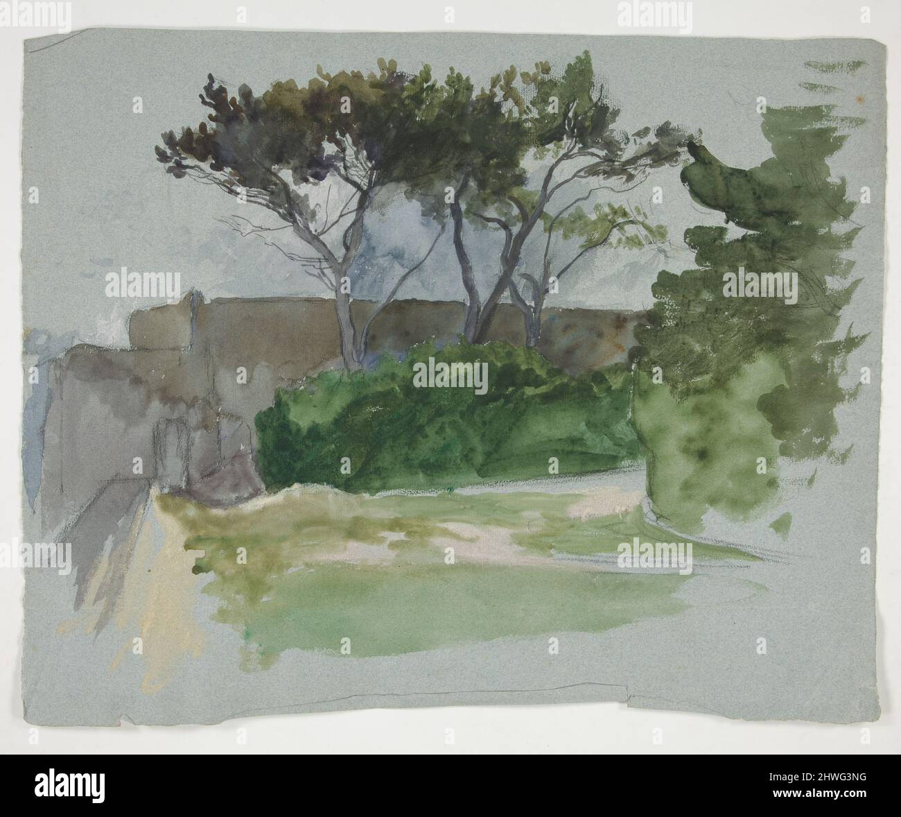 Study of landscape with trees and stone wall. Artist: Edwin Austin ...