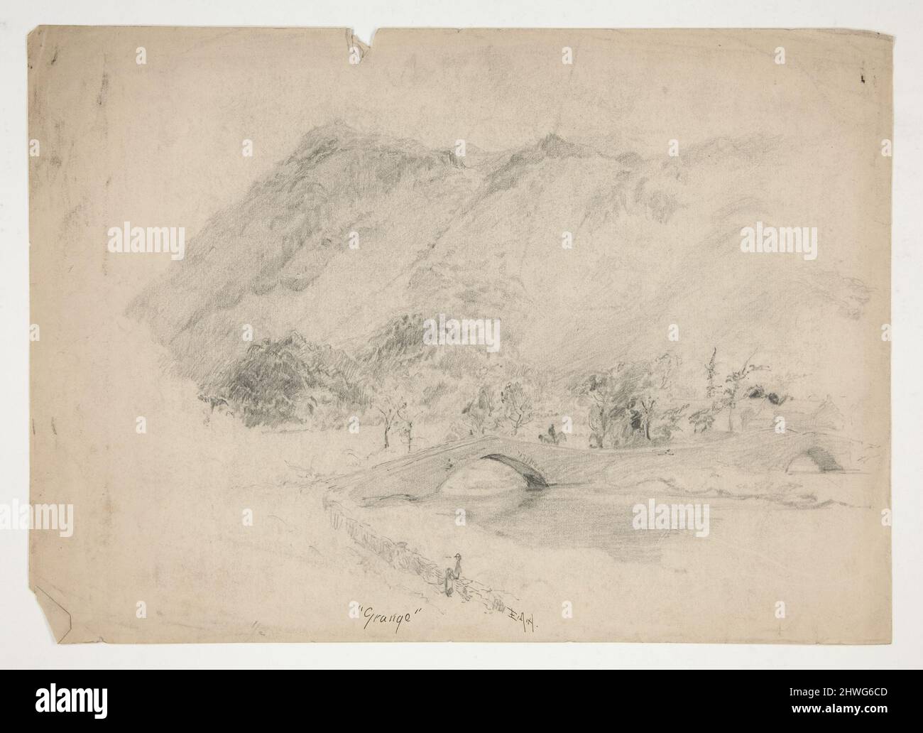 “Grange” - landscape with river, bridge, mountains in distance. Artist ...