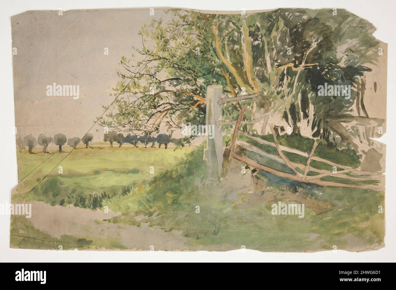 Landscape with trees and broken fence. Artist: Edwin Austin Abbey ...