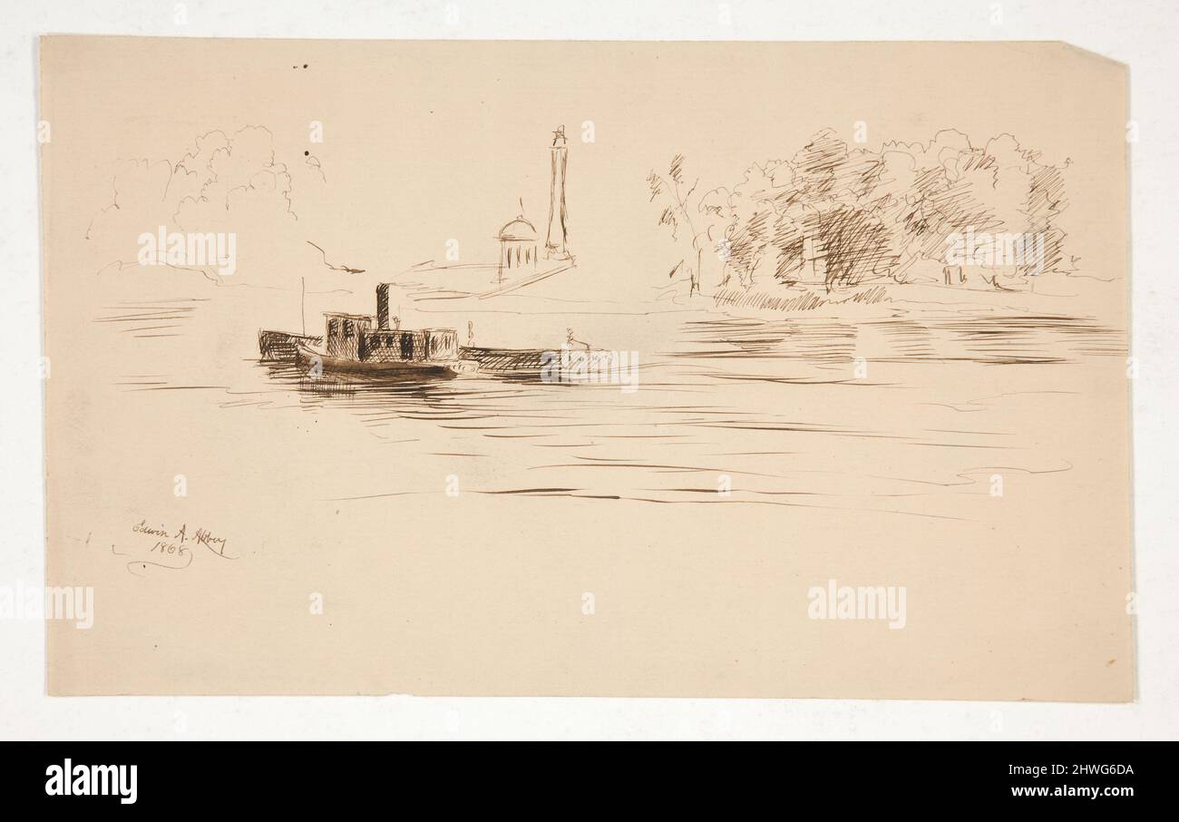 Tugboat Pushing Barge on River. Artist: Edwin Austin Abbey, American ...