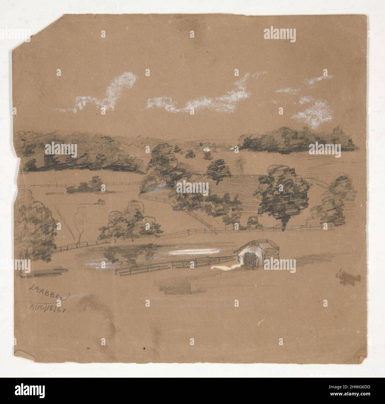 Farm landscape overlooking pastures. Artist: Edwin Austin Abbey ...