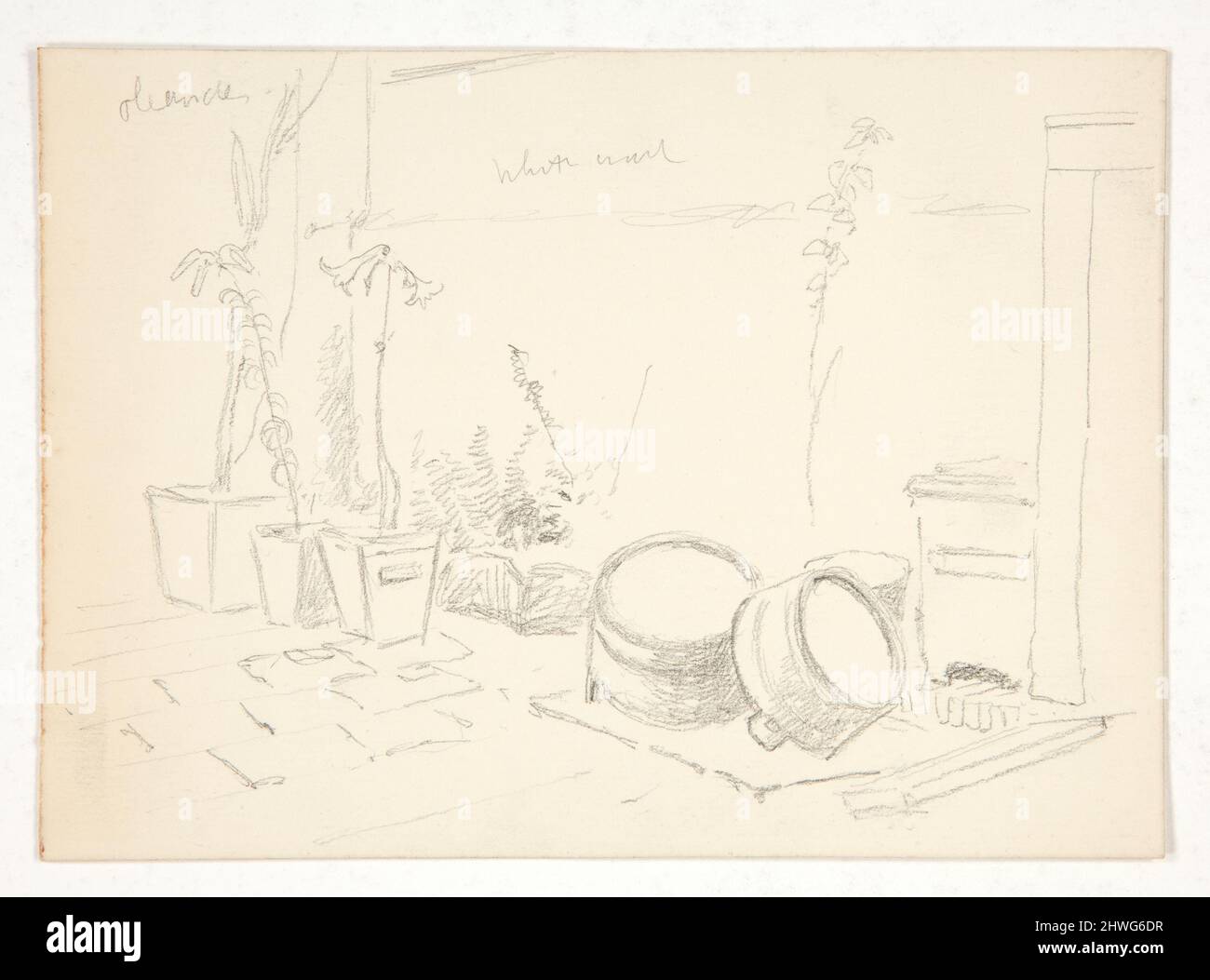 Sketch of a porch with potted plants and empty pails. Artist: Edwin ...
