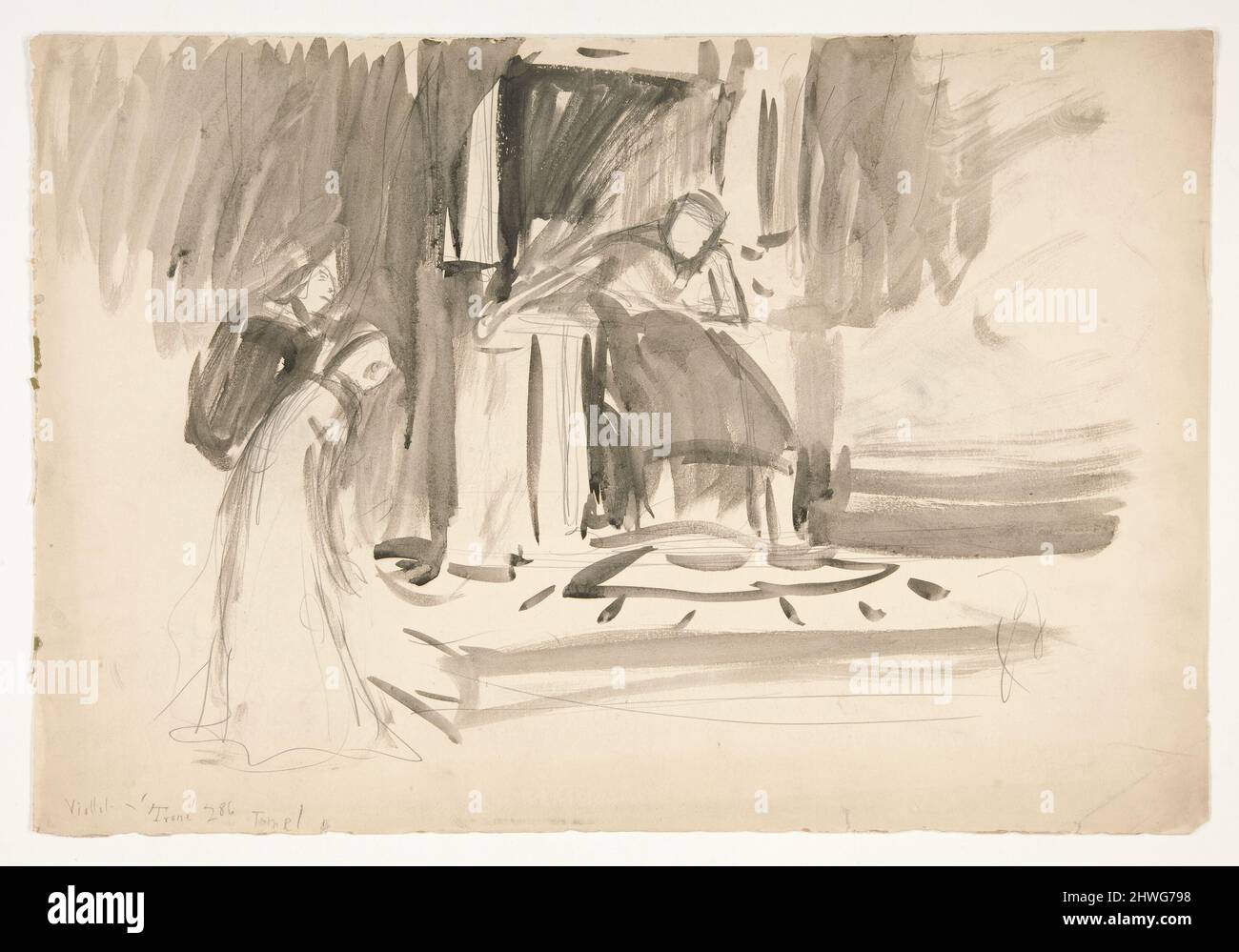 Figure on throne, flanked by two figures, sketch for an unidentified ...