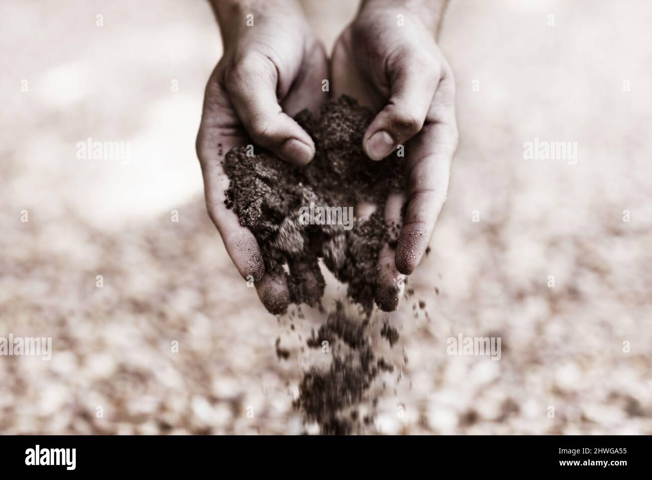 Returning the earth. Two hands holding dirt Stock Photo - Alamy