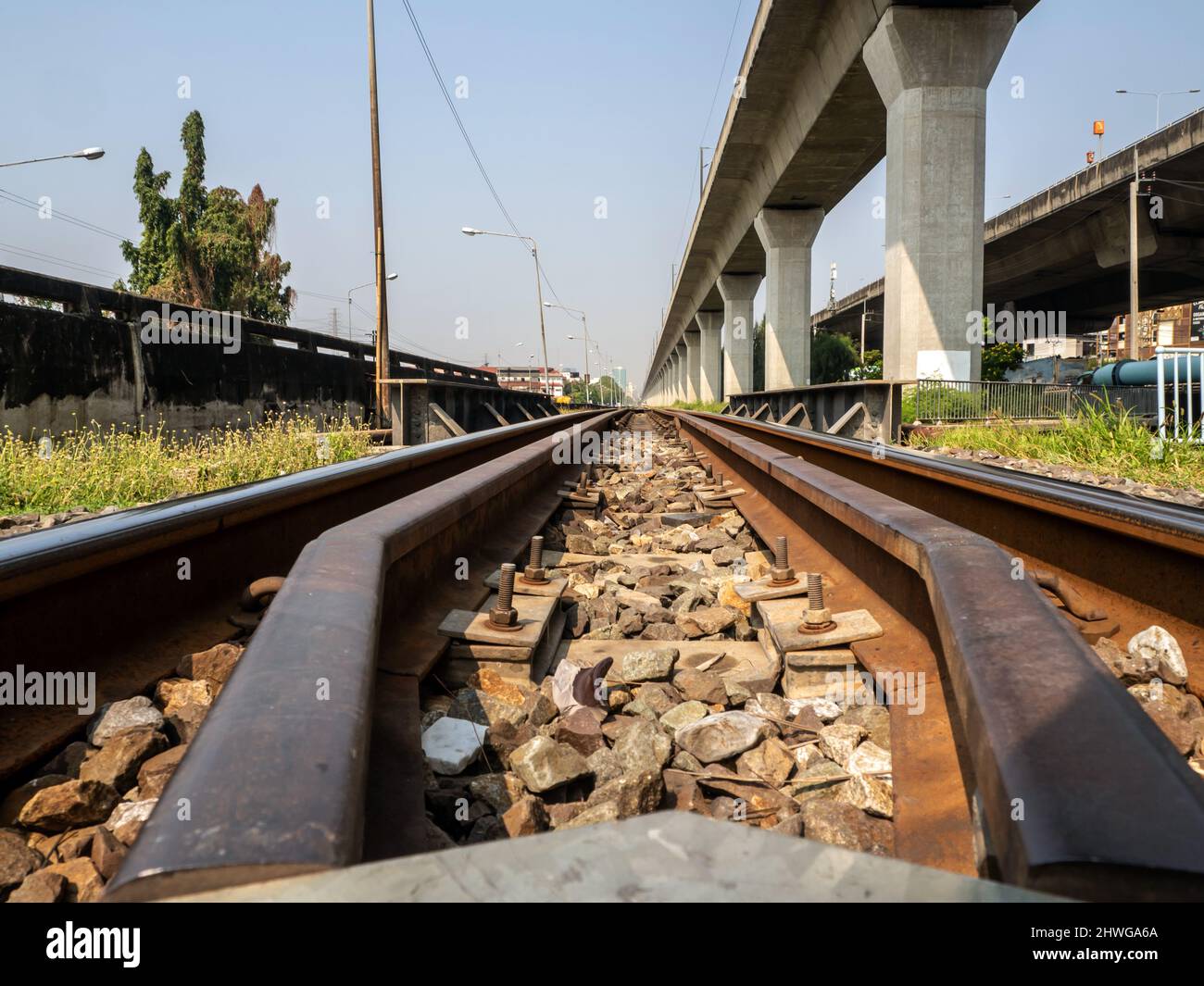Railway tracks at the interchangeable track's position Stock Photo - Alamy