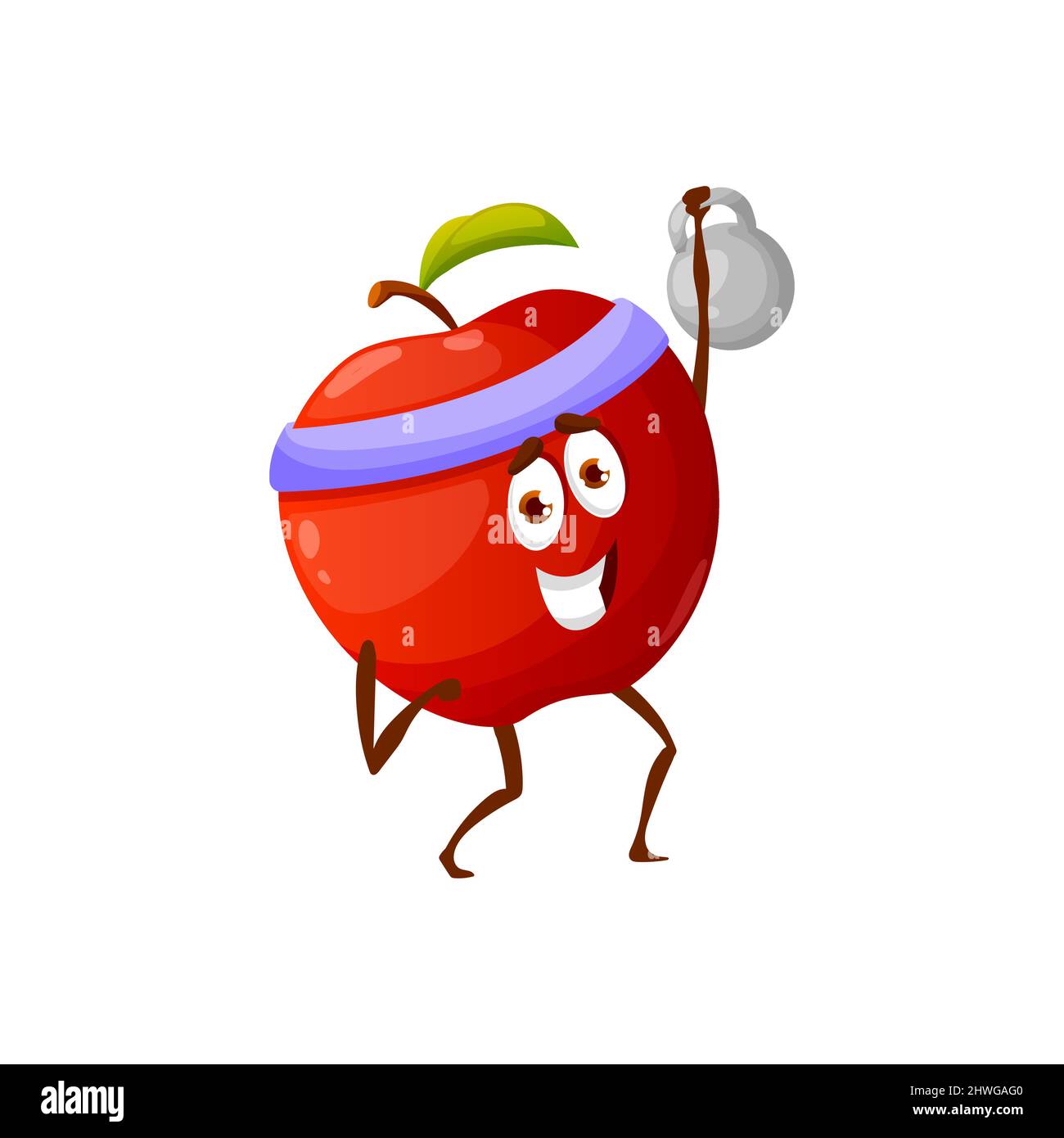 Cartoon apple on fitness with dumbbell isolated happy character in ...