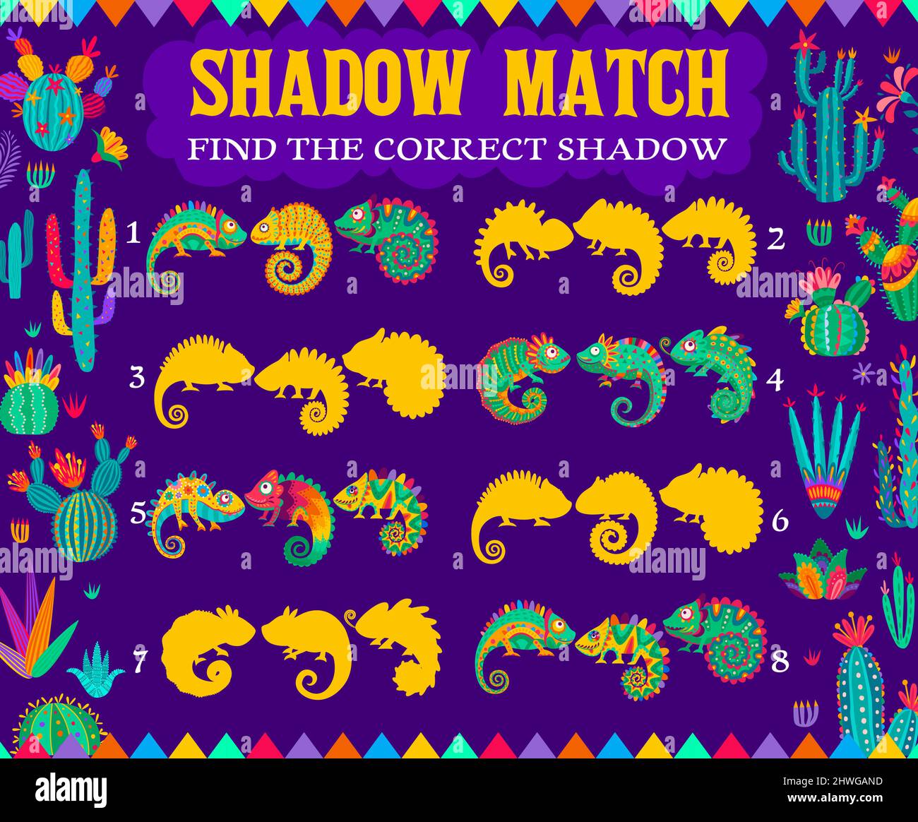 Mexican chameleon silhouettes, shadow match kids riddle game worksheet ...