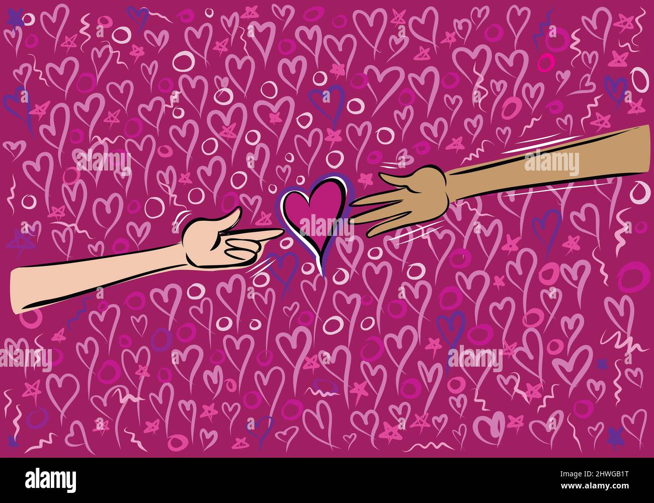 Illustration of two hands touching a heart in the centre on a magenta ...