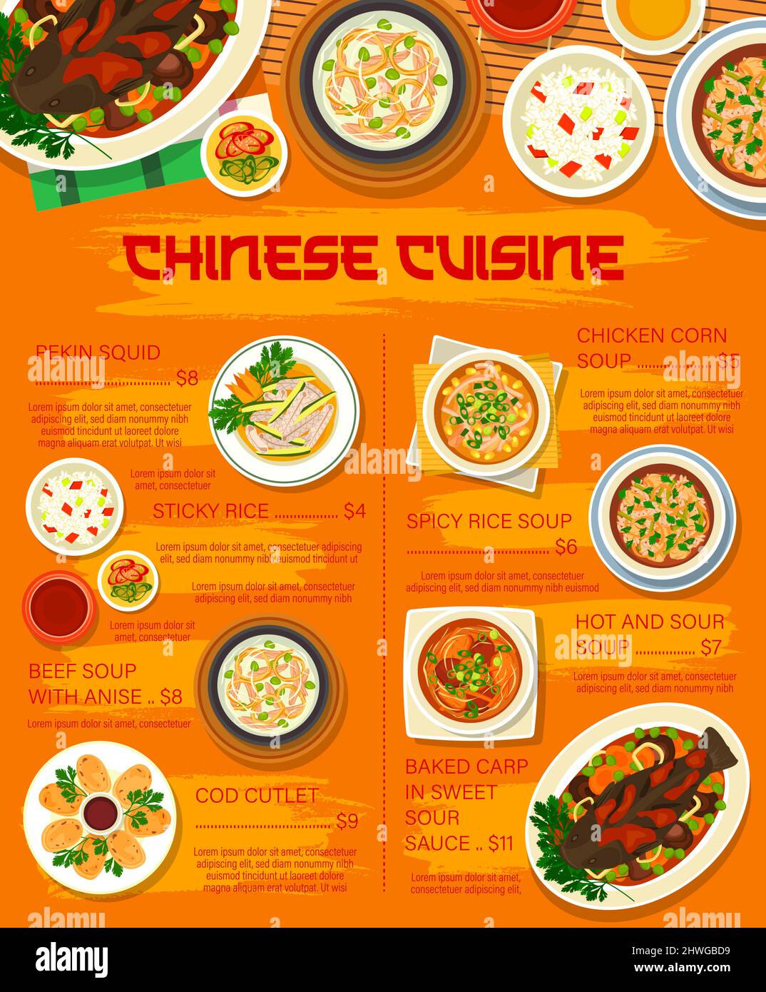 Chinese food cuisine dishes, Asian restaurant menu, vector bowl with ...