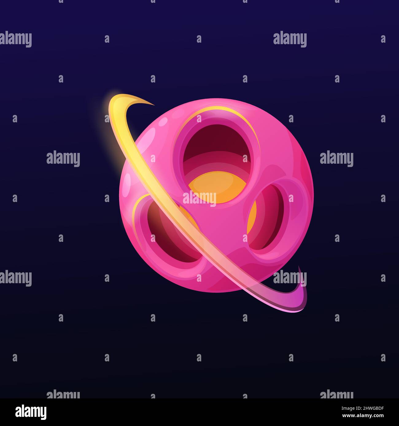 Fantastic space pink planet with craters, core and rings, vector ...
