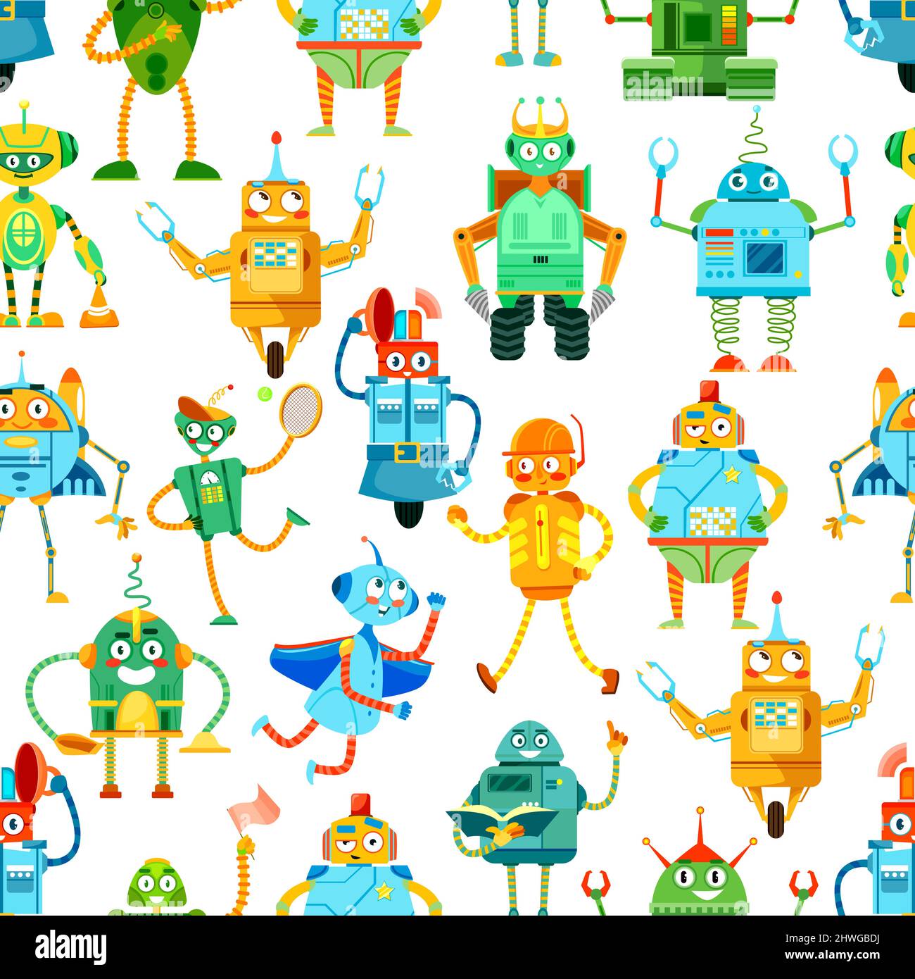 Cartoon robots, cyborgs and droids on seamless vector pattern ...