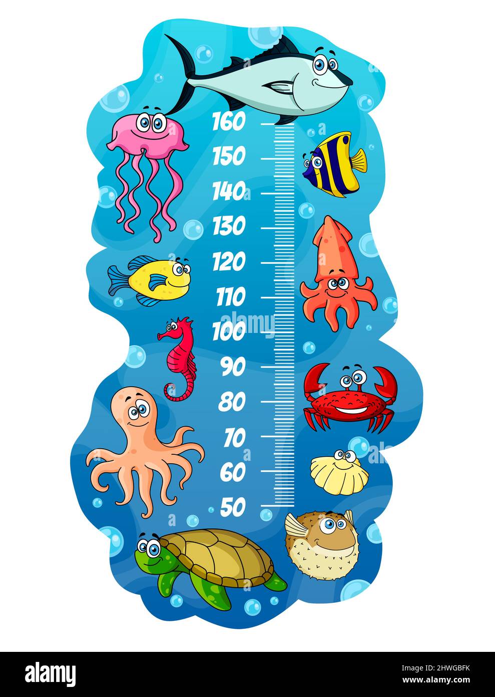 Kids height chart with cartoon sea animals, vector growth measure meter ...