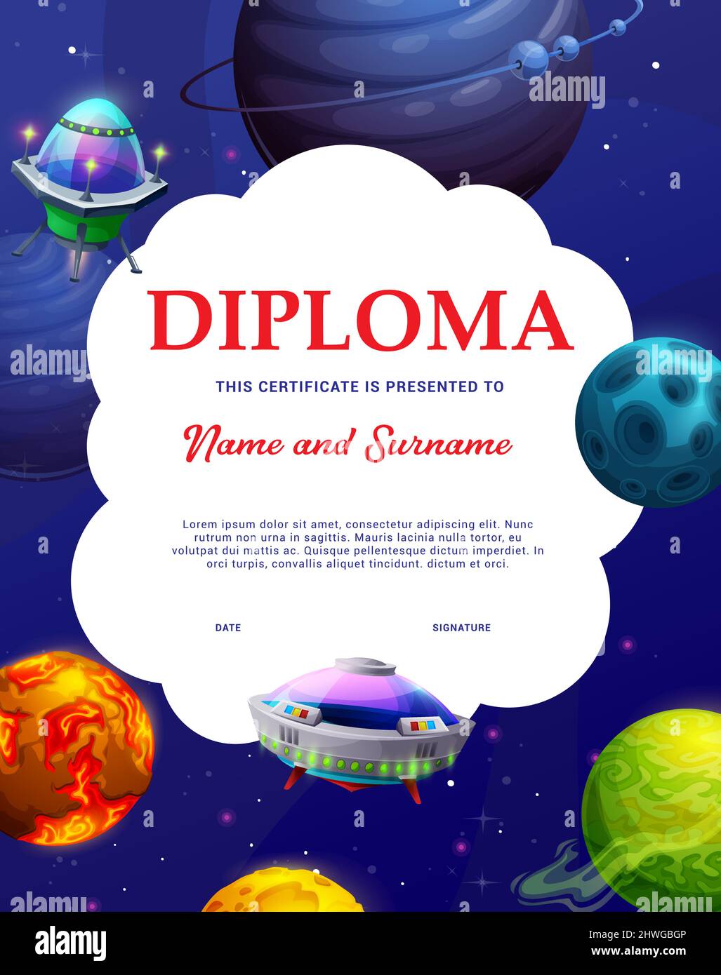 universe galaxy starship and rocket kids diploma, vector space planets ...