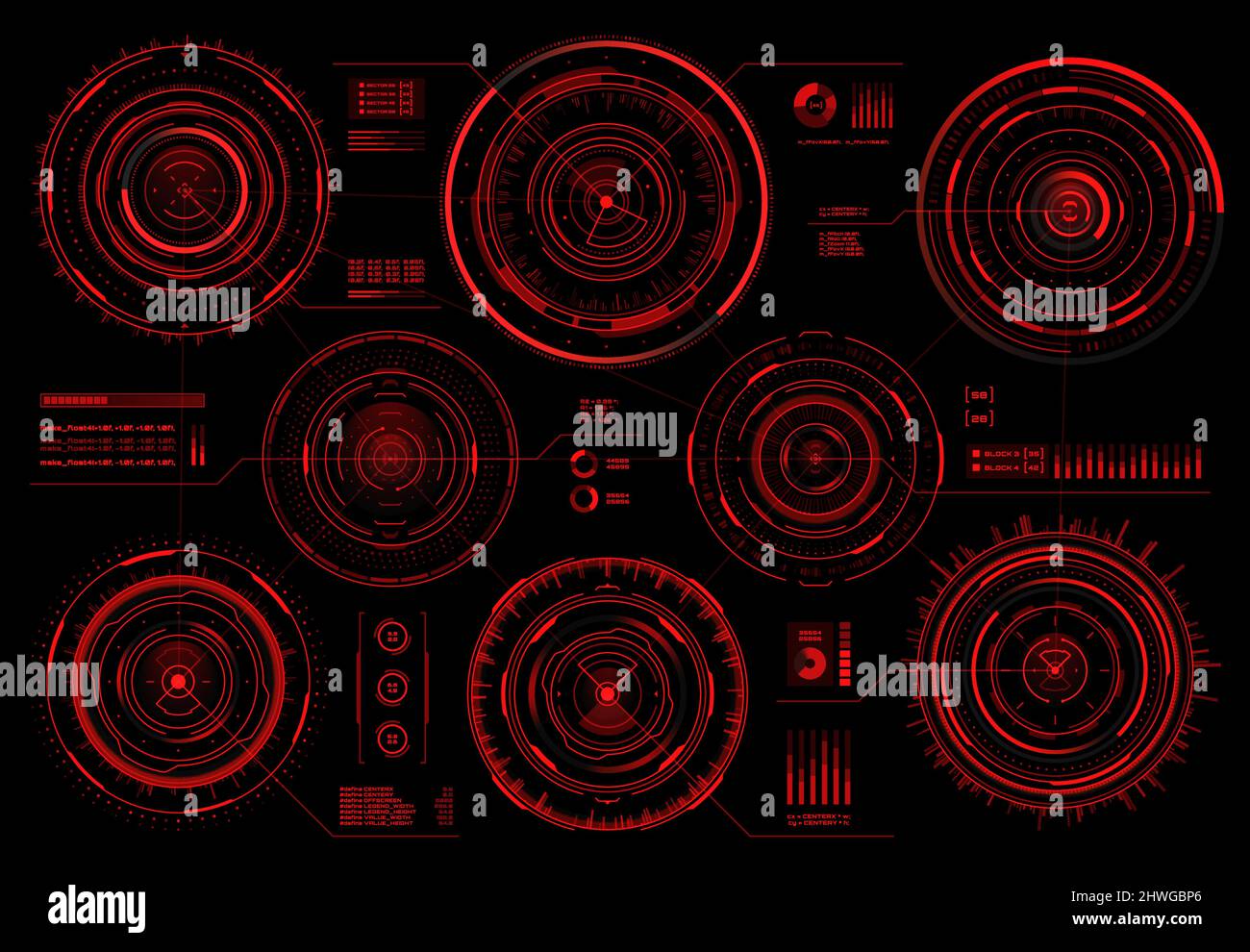 HUD circular interface screen red warning and danger panels. Sci Fi web ...