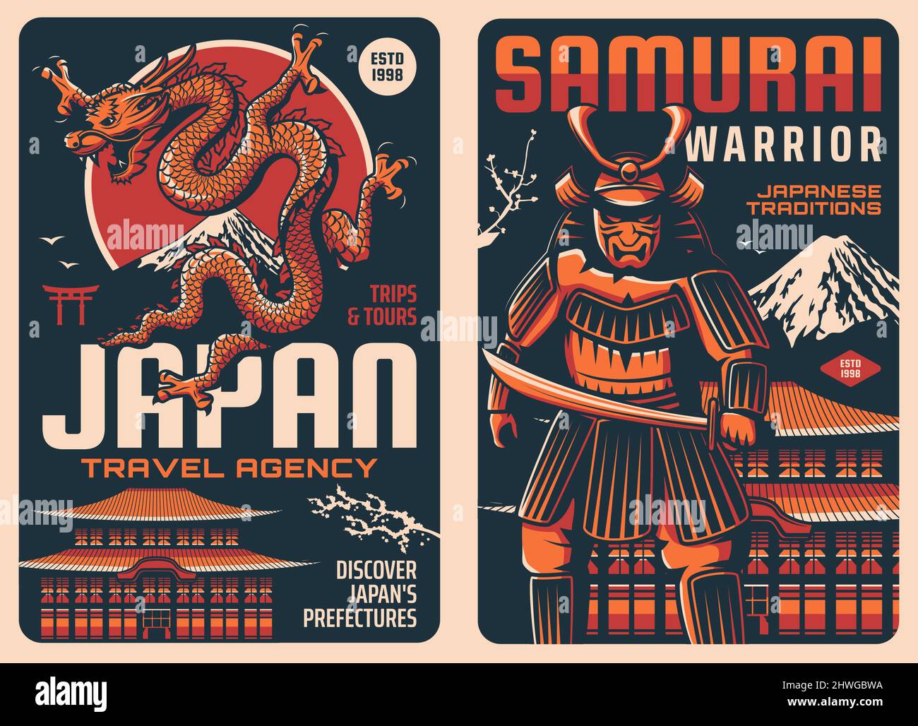 Japan retro travel posters with Japanese landmarks, culture and ...