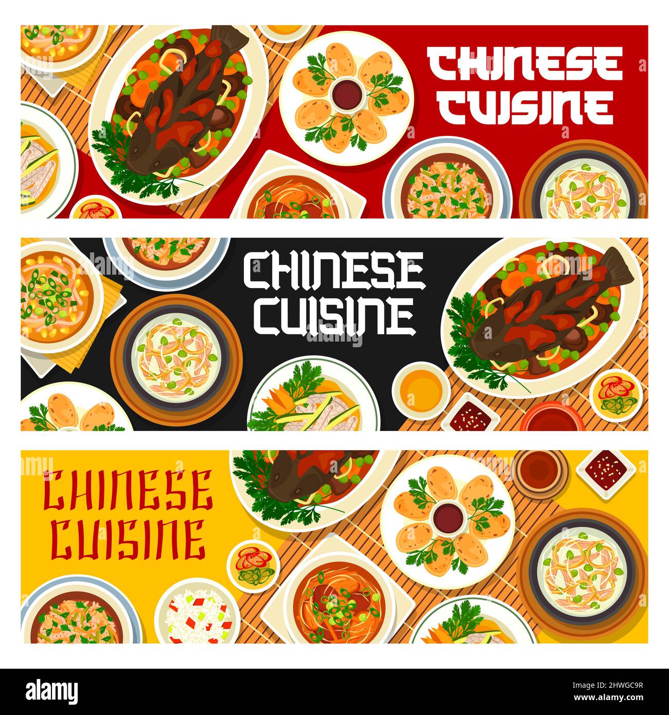 Chinese cuisine food banners, Asian dishes menu and china traditional ...
