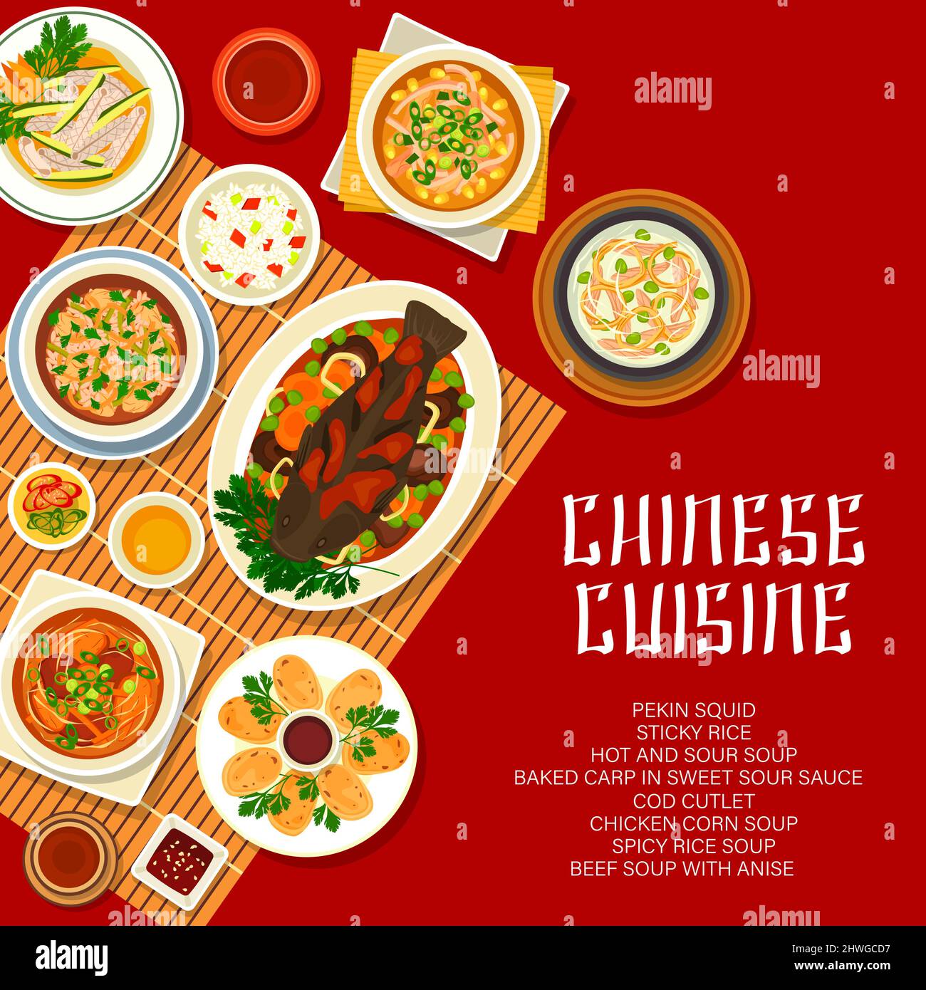 Chinese cuisine menu cover, Asian food dishes, lunch and dinner meals ...