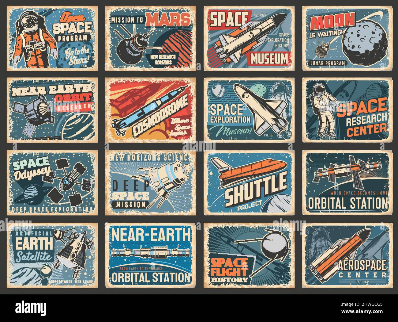 Astronauts, space shuttles and galaxy vintage plates. Space exploration ...